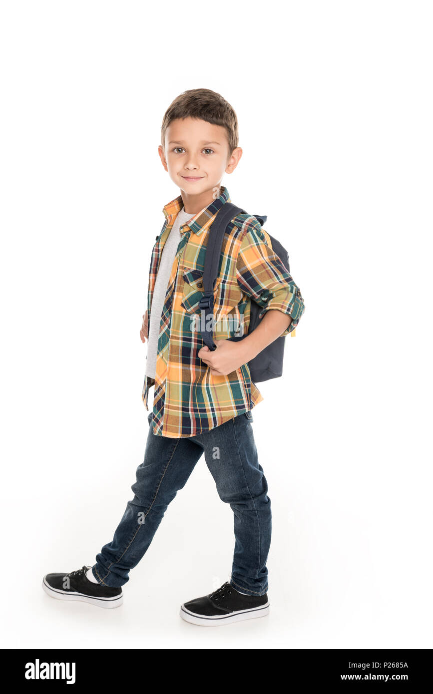 boy with backpack going to school, isolated on white Stock Photo - Alamy