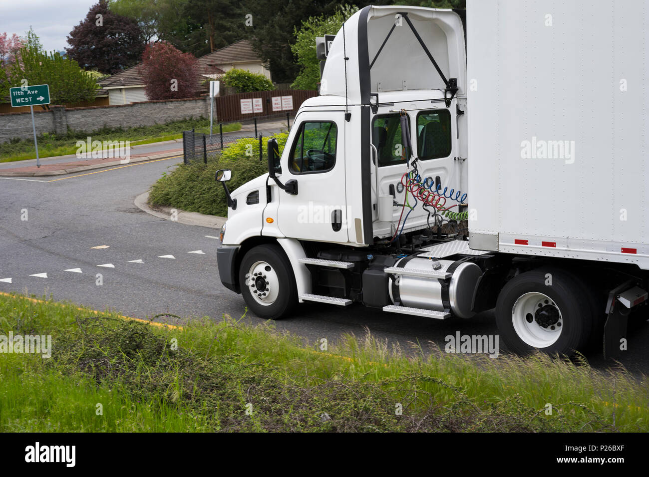 Commercial big rig white day cab local haul semi truck with roof ...