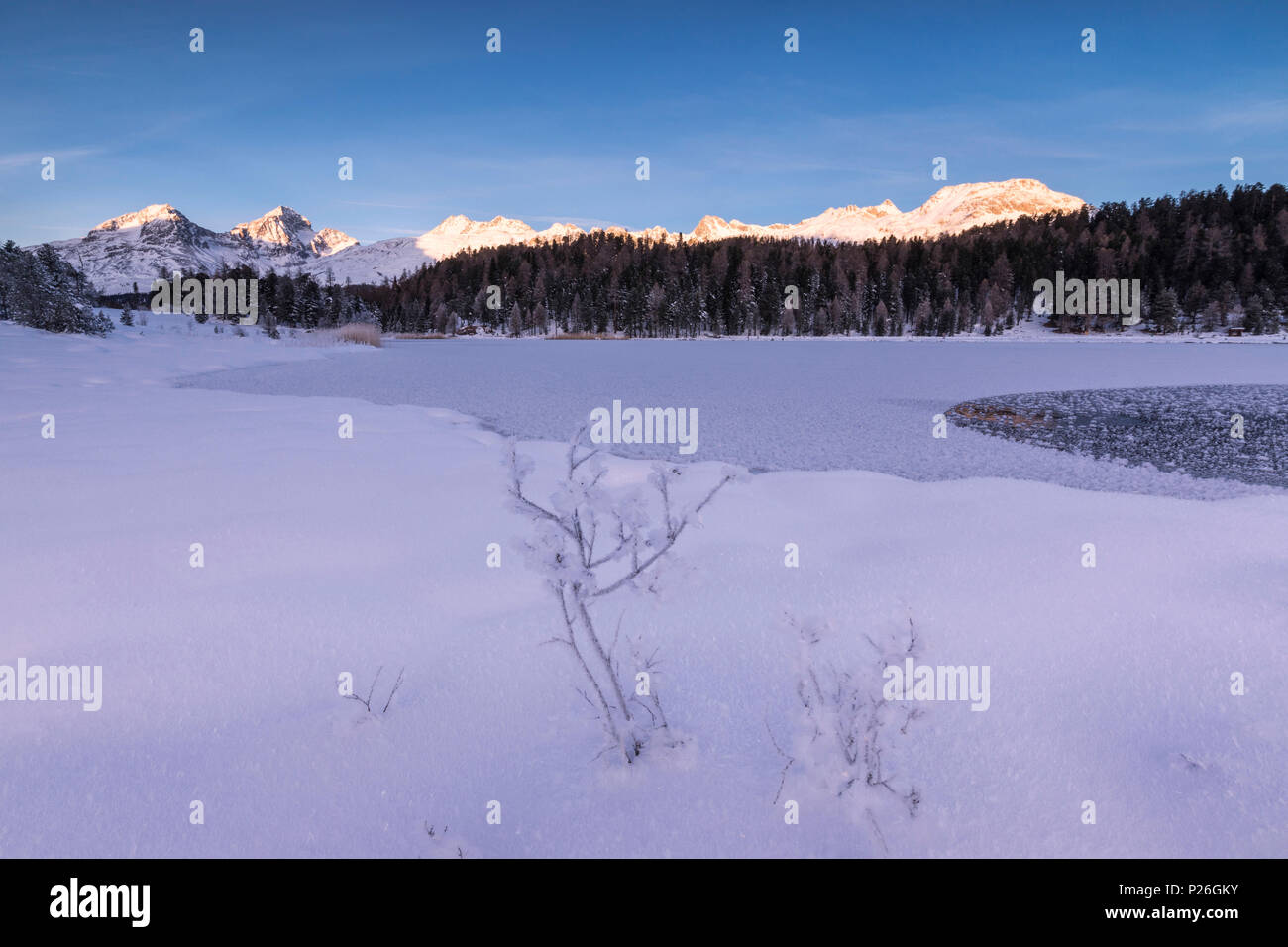 Frozen lake, Lej da Staz, St Moritz, canton of Graubünden, Engadine ...