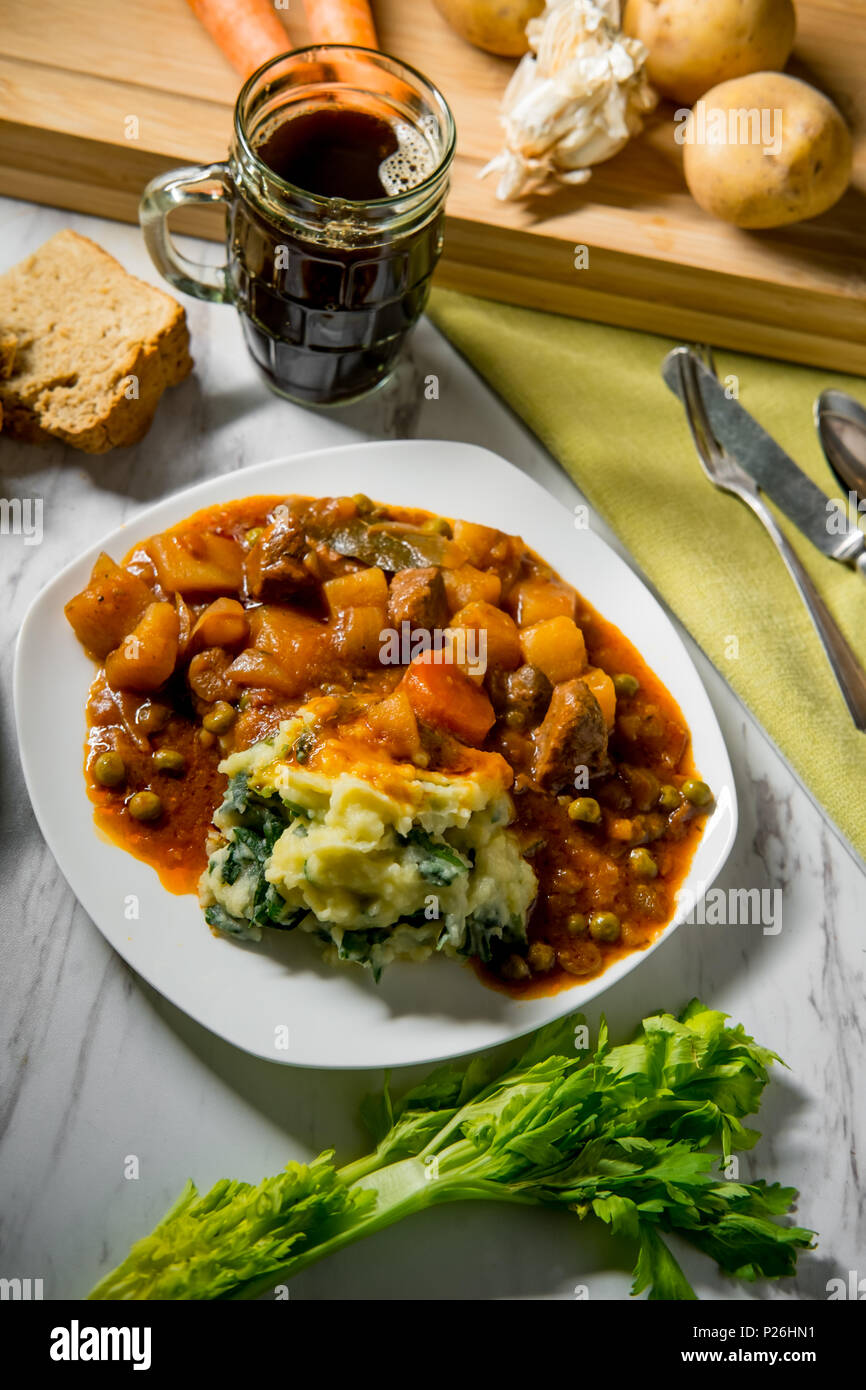 Authentic Irish beef stew with beer bread and colcannon mashed potatoes ...