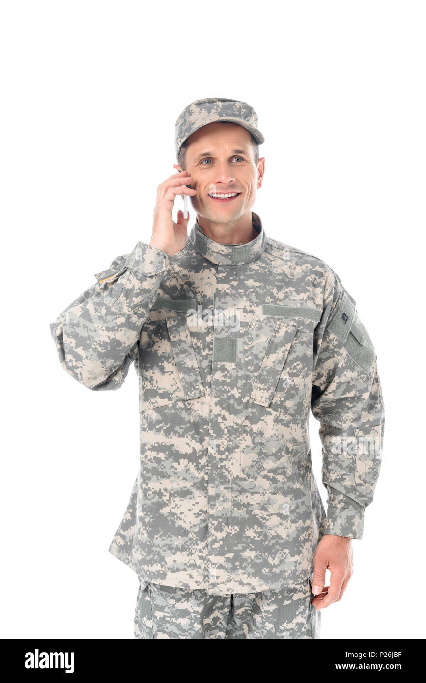 happy military man in talking by phone isolated on white Stock Photo ...