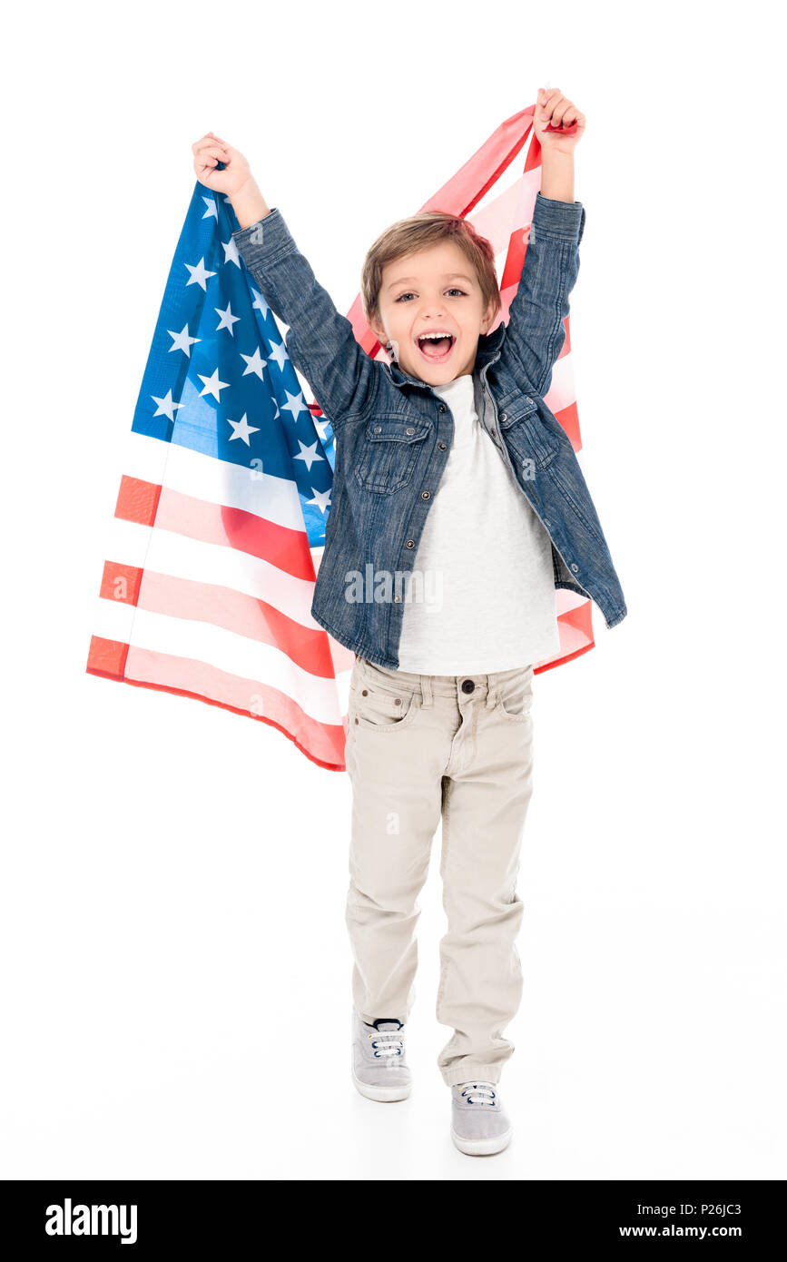 excited little boy with usa flag isolated on white Stock Photo - Alamy