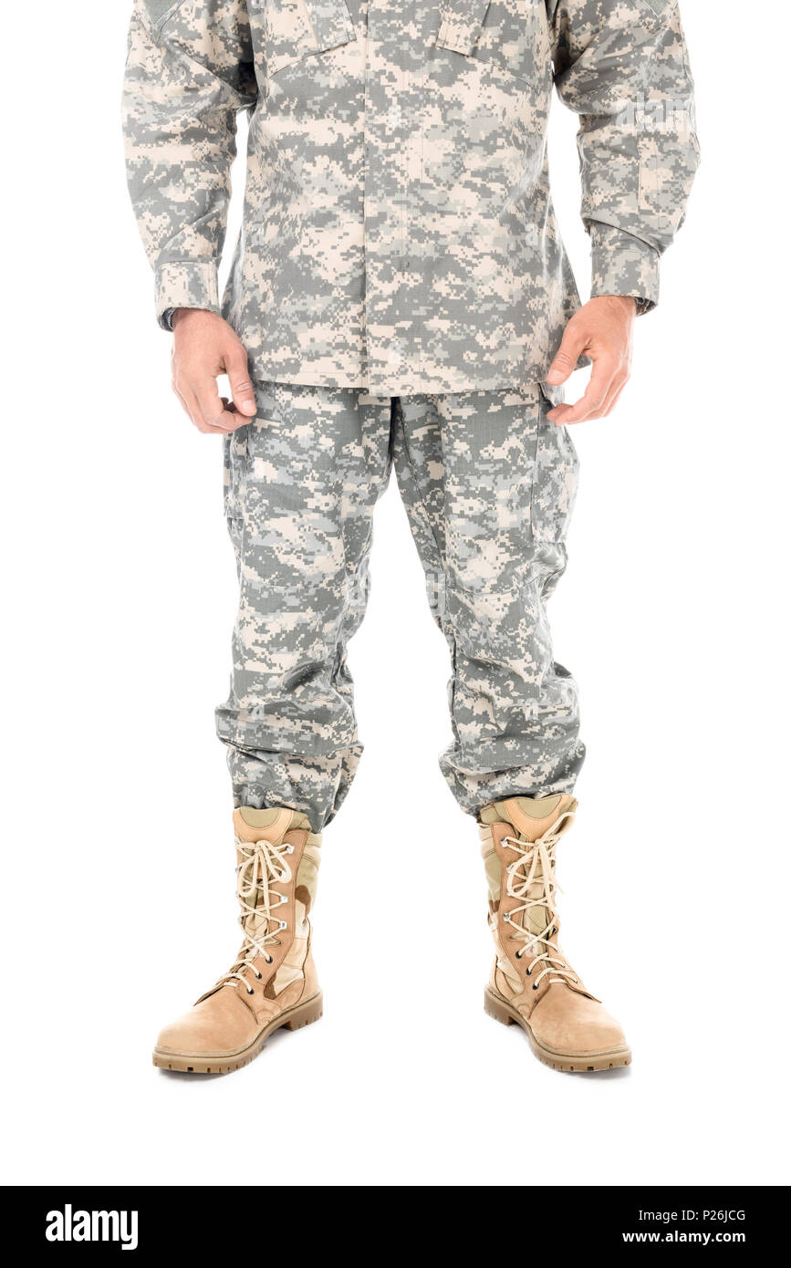 partial view of soldier in military uniform isolated on white Stock ...