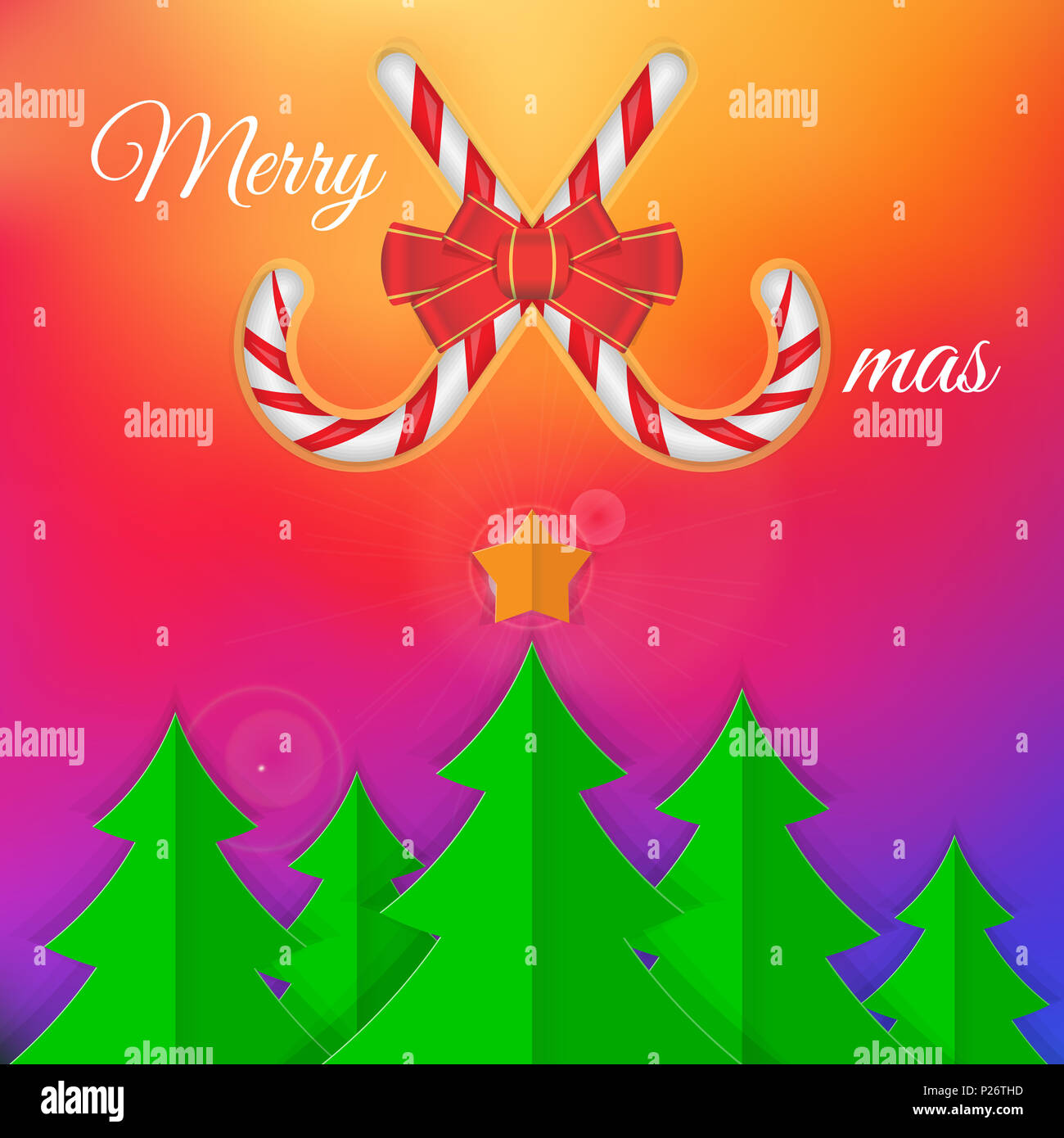 Merry Christmas Greeting Card with Paper Cut Style Christmas Trees on a ...