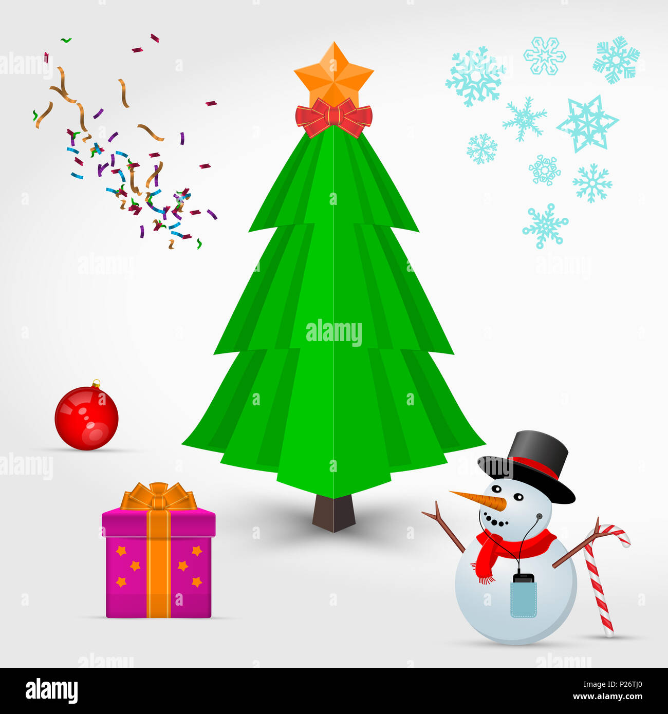 Christmas Design Elements: Christmas Tree, Snowman, Gift Box with a Bow ...