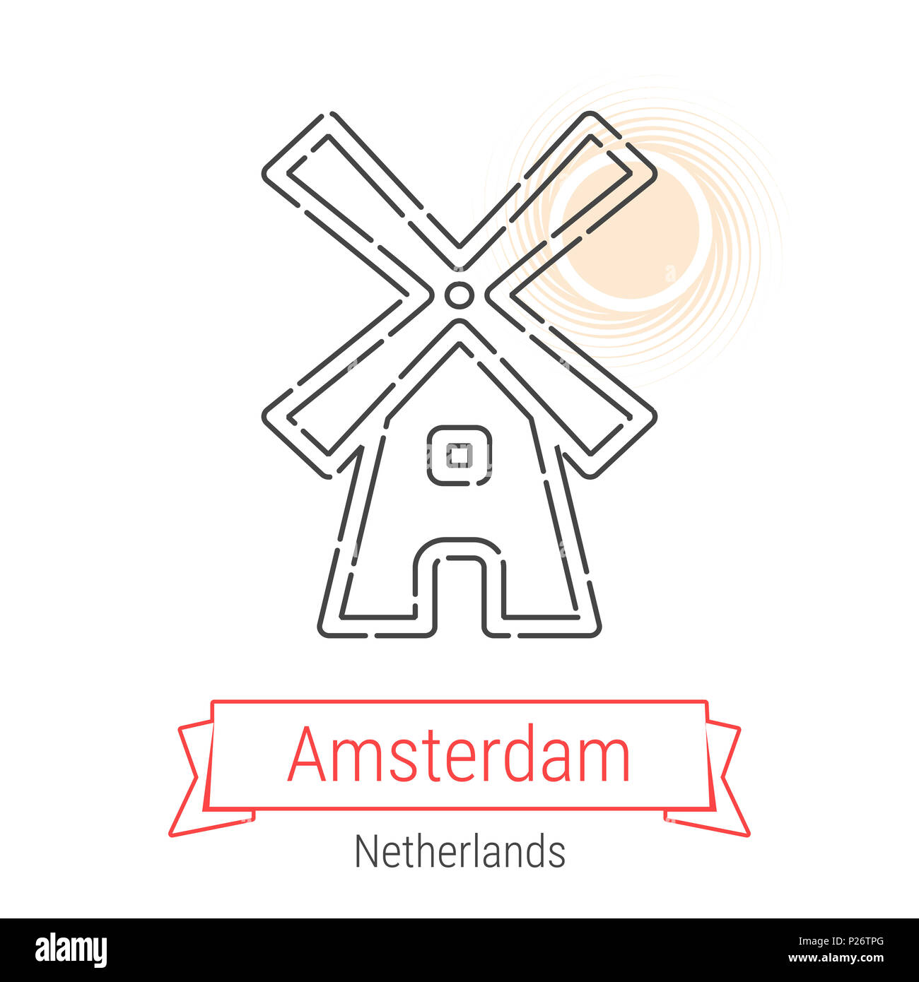 Amsterdam, Netherlands Line Icon with Red Ribbon Isolated on White ...