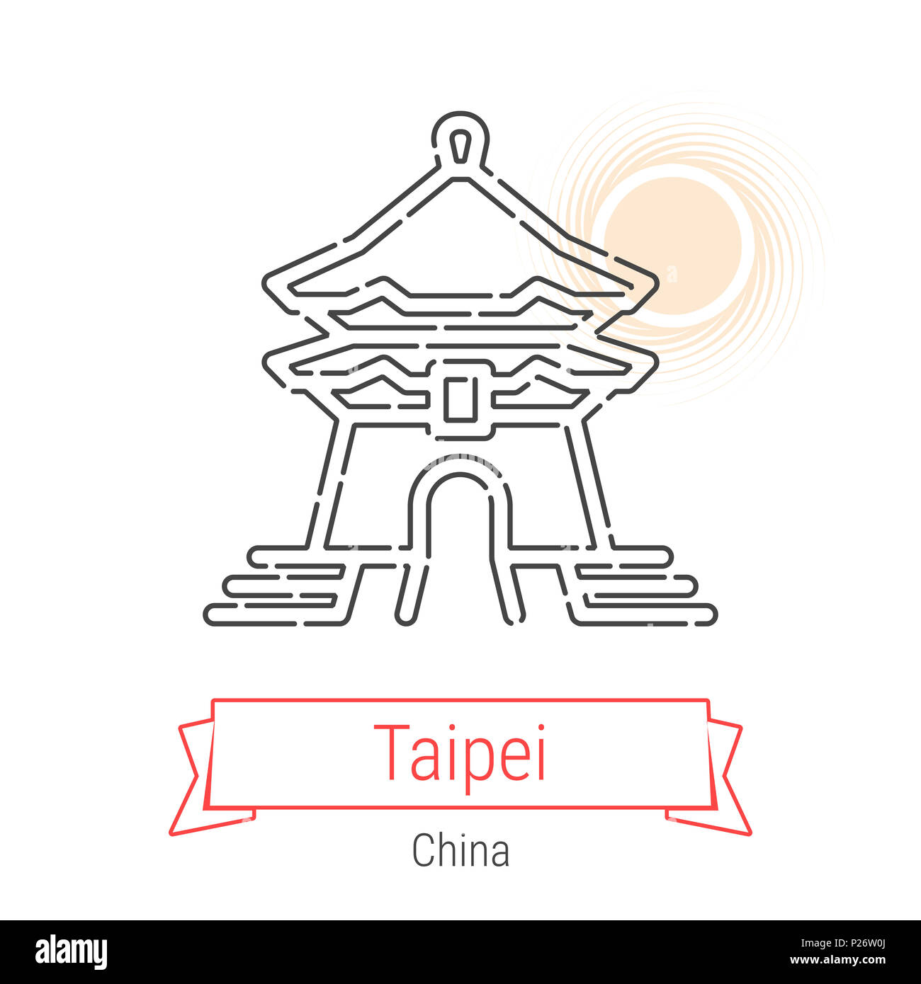 Taipei, Taiwan, China Line Icon with Red Ribbon Isolated on White ...