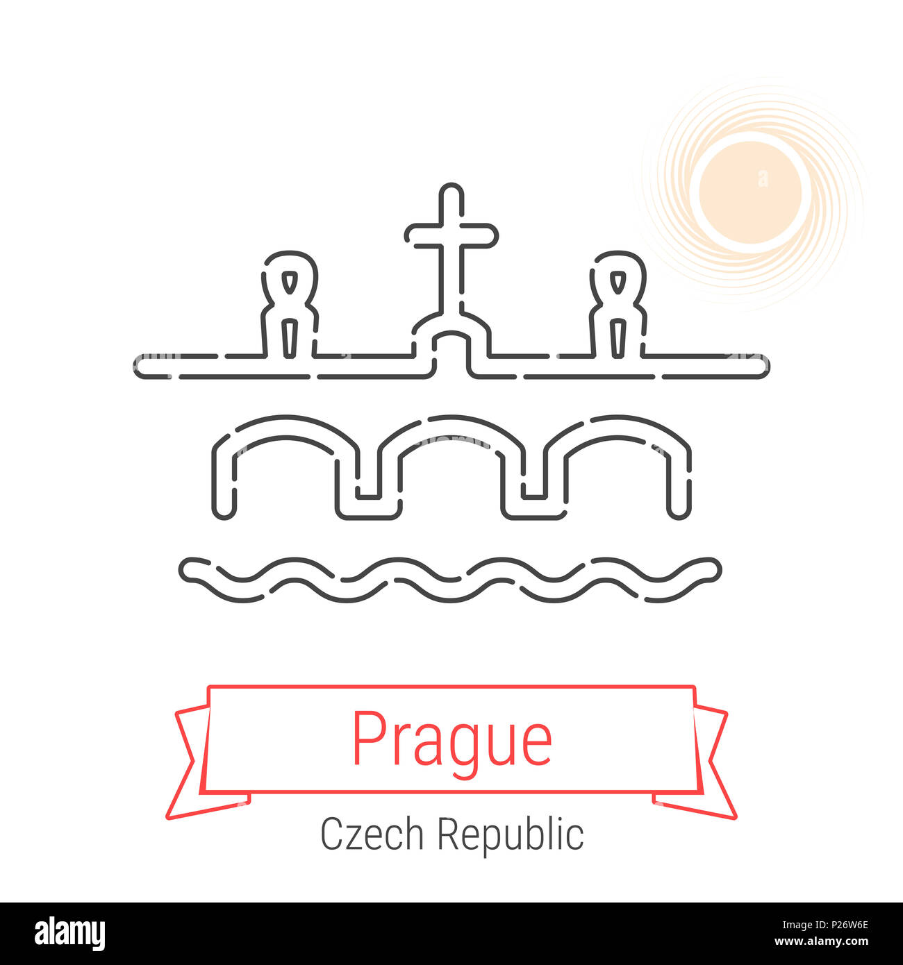 Prague, Czech Republic Line Icon with Red Ribbon Isolated on White ...