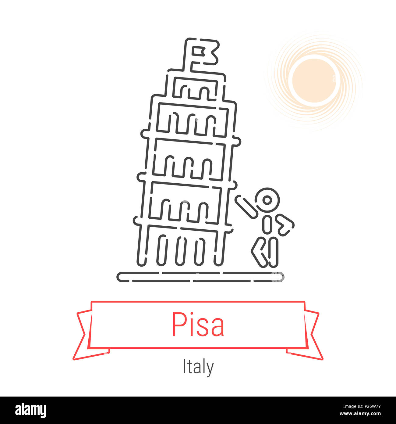 Pisa, Italy Line Icon with Red Ribbon Isolated on White. Pisa ...