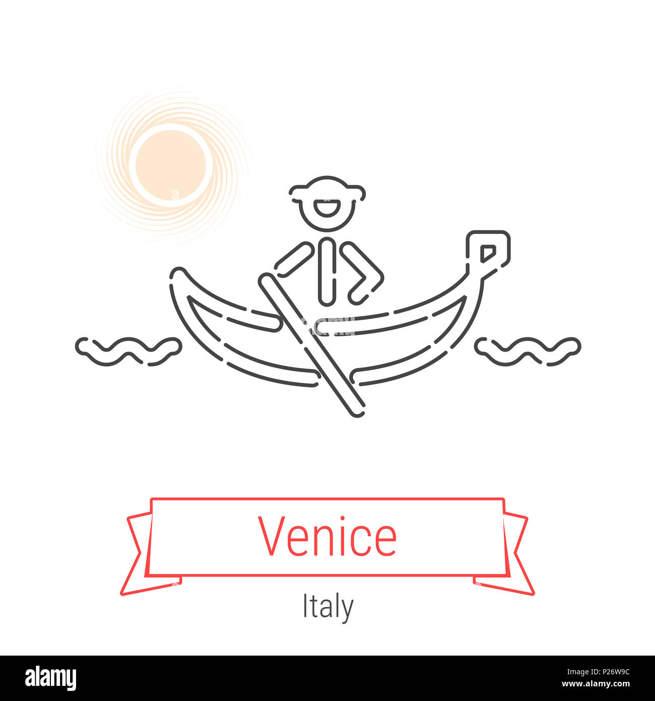 Venice, Italy Line Icon with Red Ribbon Isolated on White. Venice ...