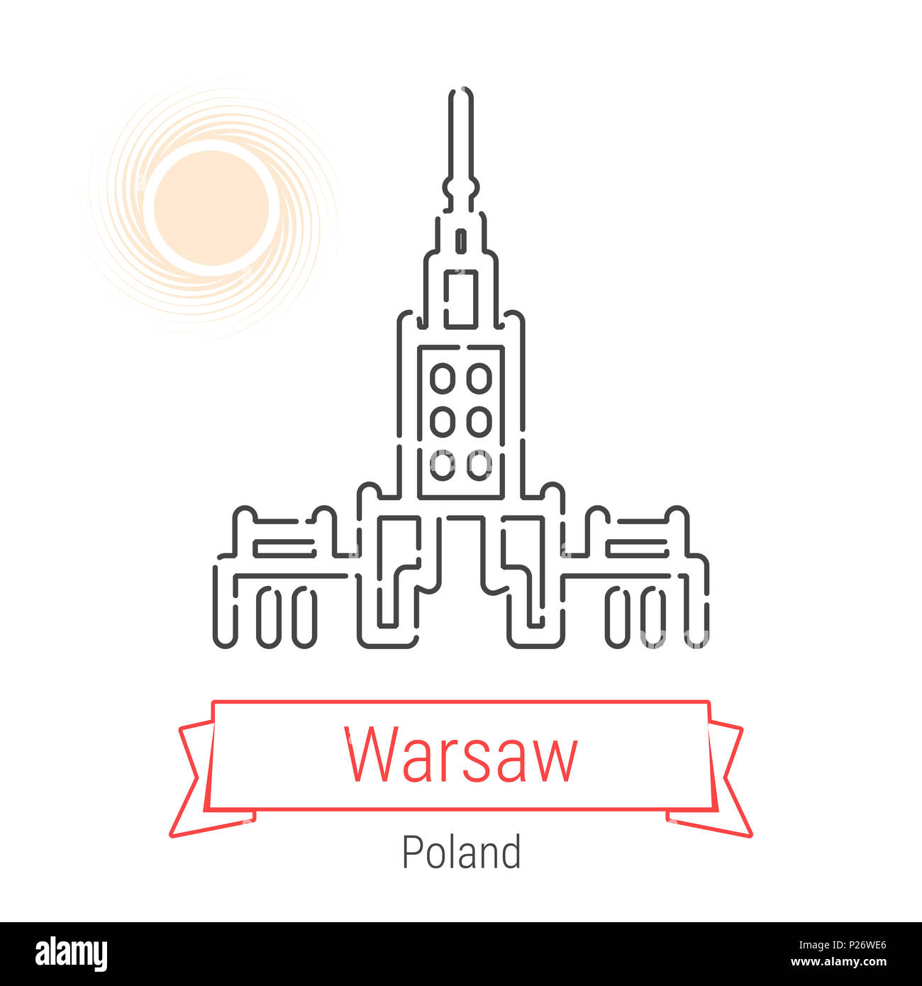 Warsaw, Poland Line Icon with Red Ribbon Isolated on White. Warsaw ...
