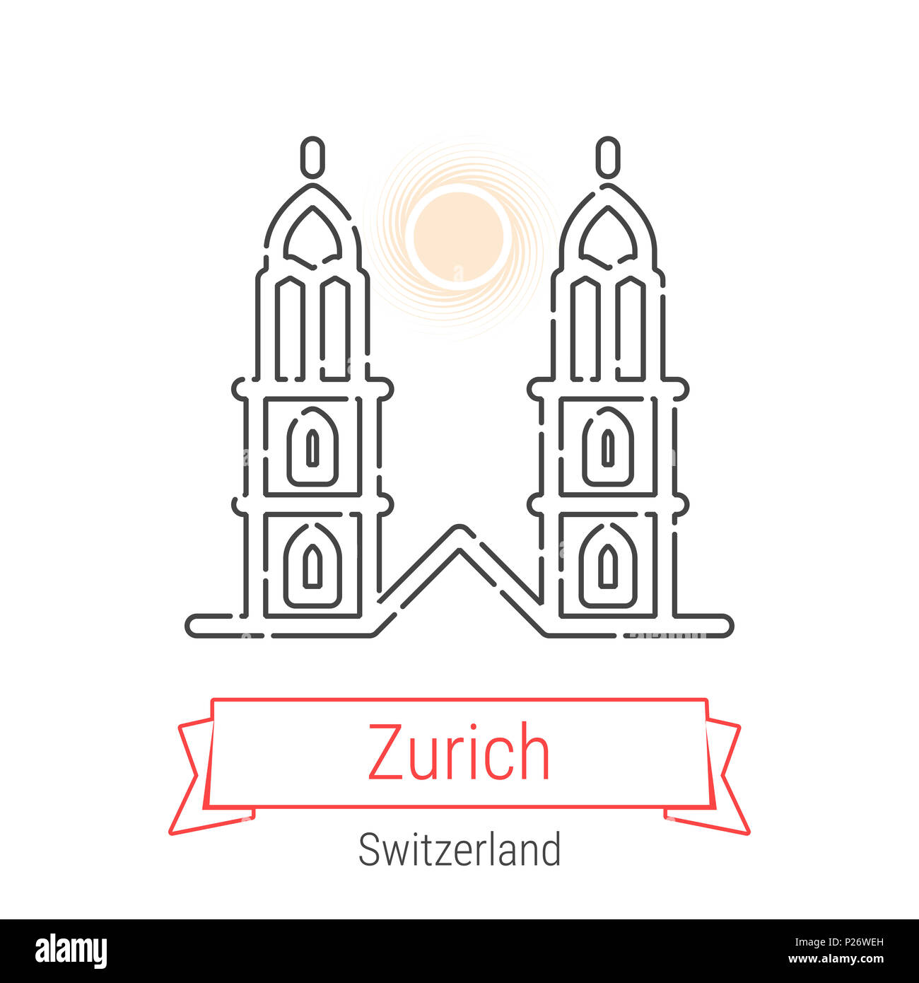 Zurich, Switzerland Line Icon with Red Ribbon Isolated on White. Zurich ...