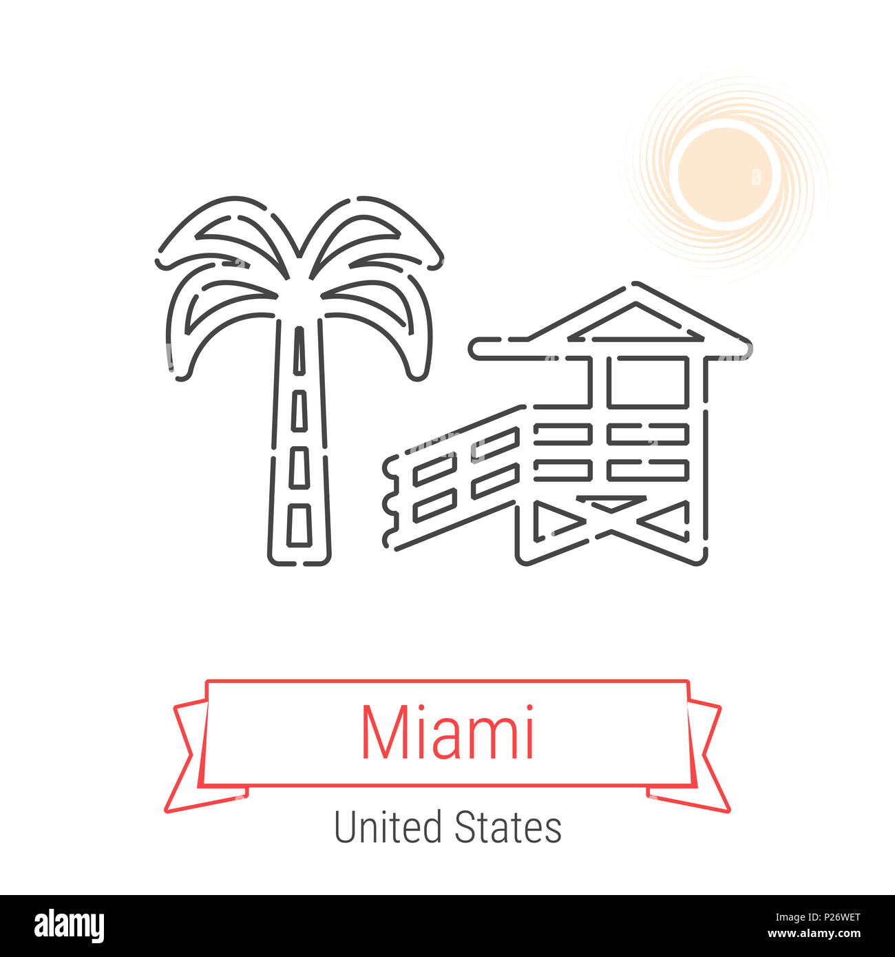Miami, United Line Icon with Red Ribbon Isolated on White. Miami ...