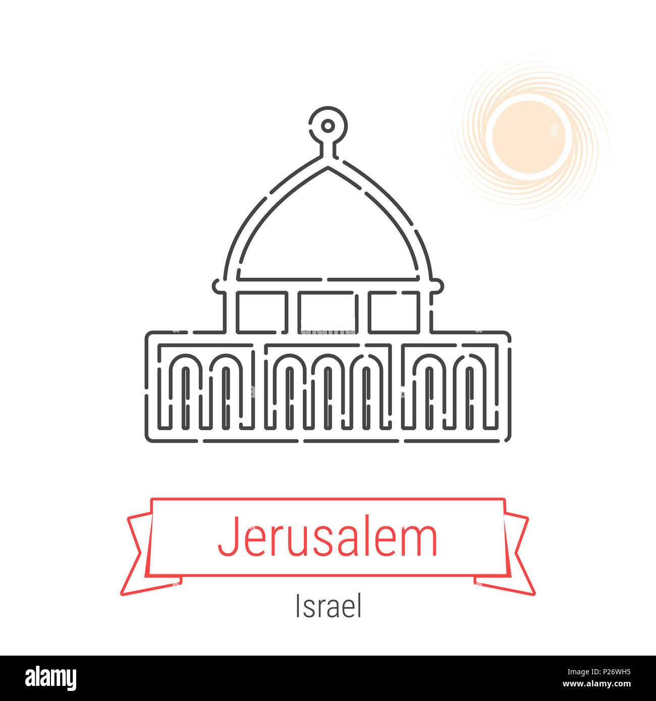 Jerusalem, Israel Line Icon with Red Ribbon Isolated on White ...