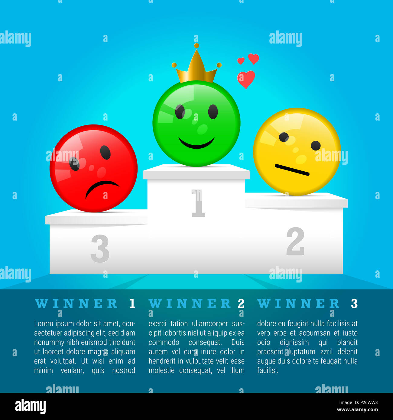 Sad, Neutral and Smiling Face Icons on 3D Prize Podium. Winners Award ...
