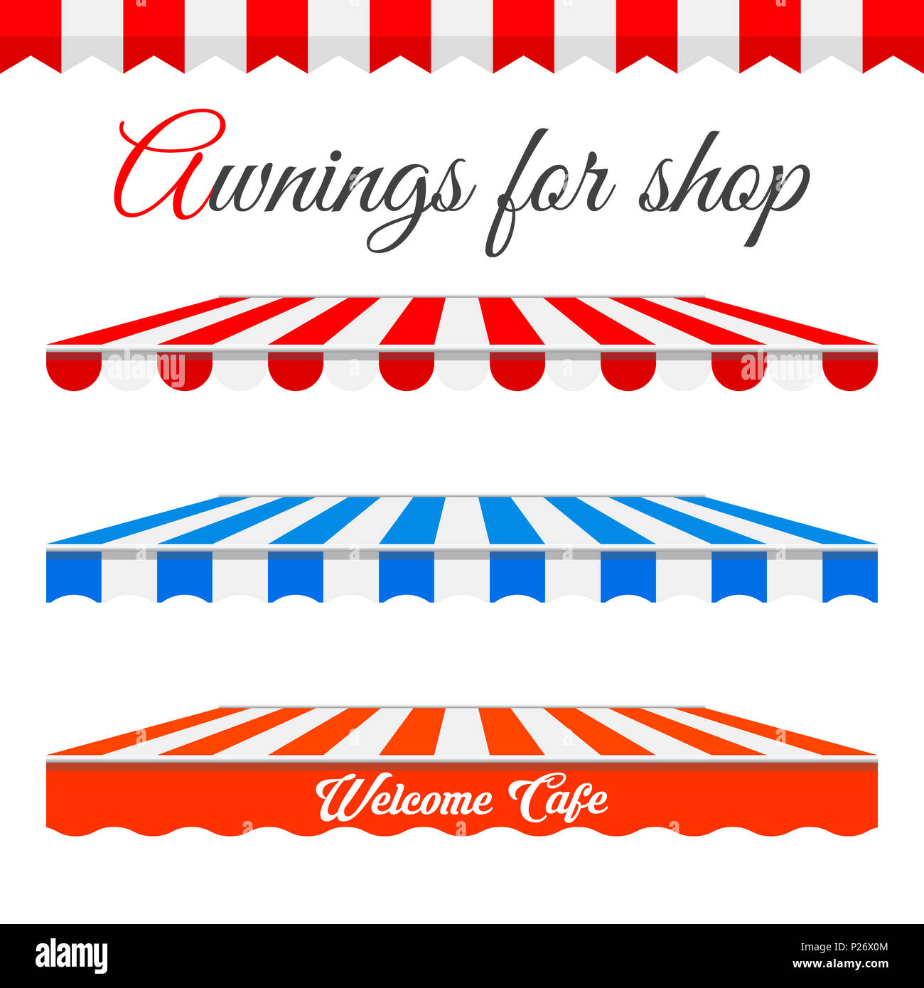Striped Awnings For Shop in Different Forms. Red and White Border with ...