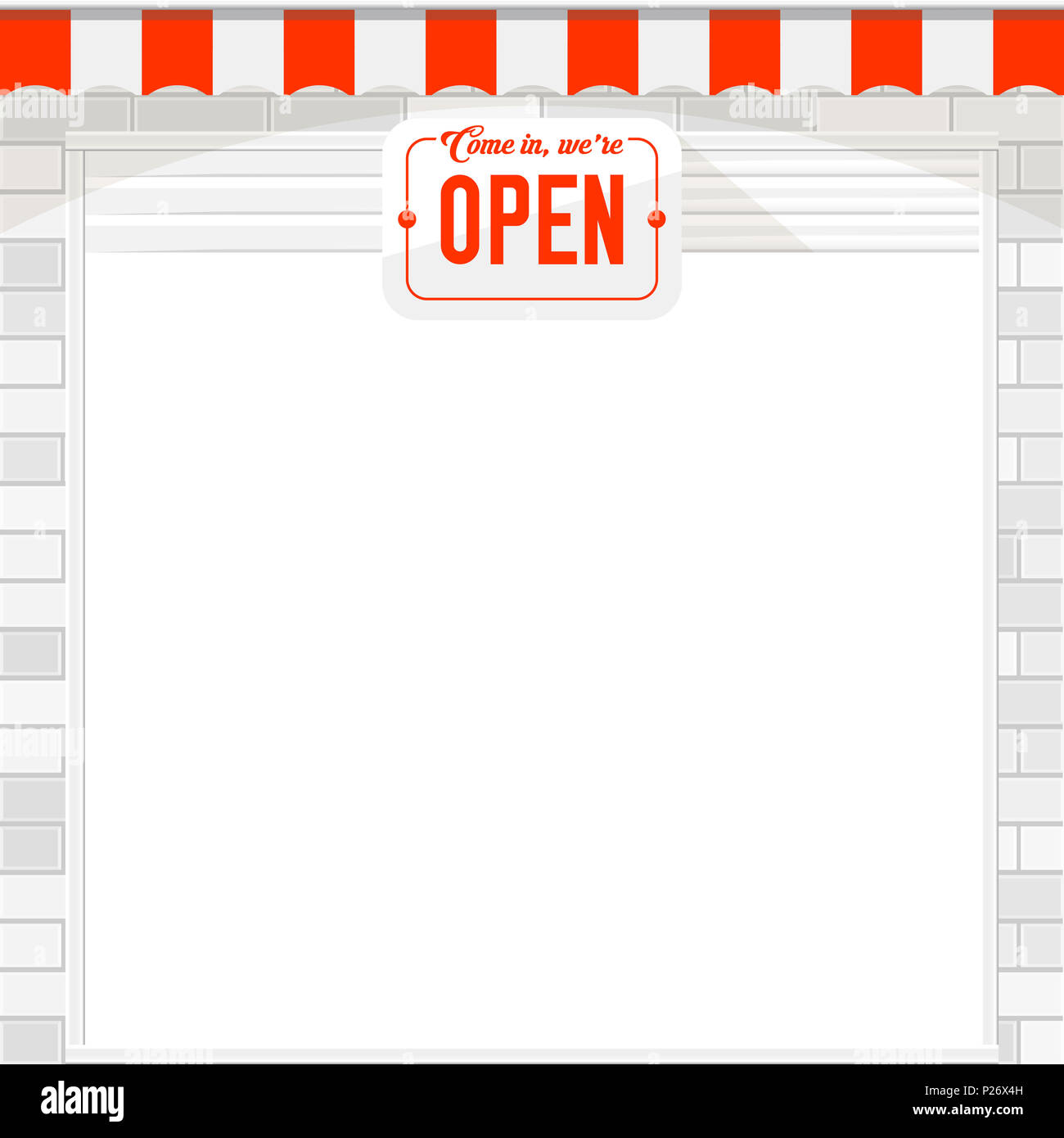 White Shutter Door or Roller Door with Open Sign. White Brick Wall and ...