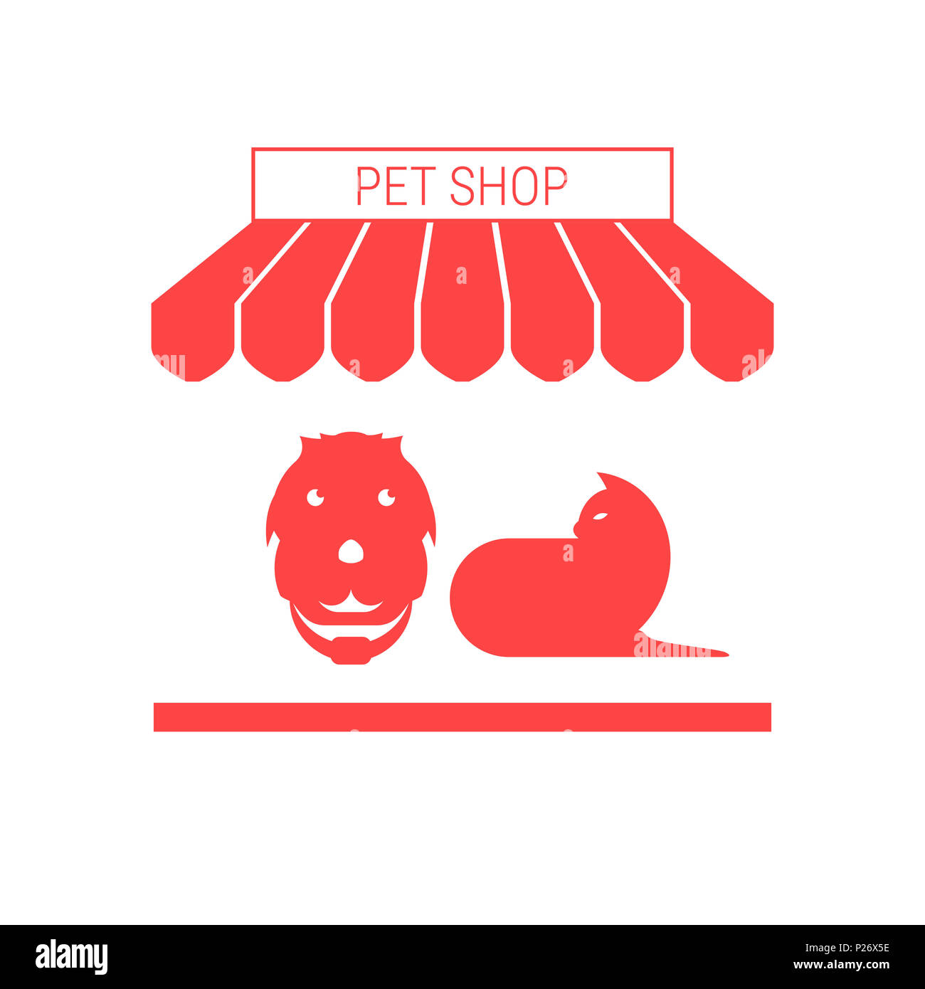 Pet Shop, Dog and Cat Single Flat Icon. Striped Awning and Signboard. A ...