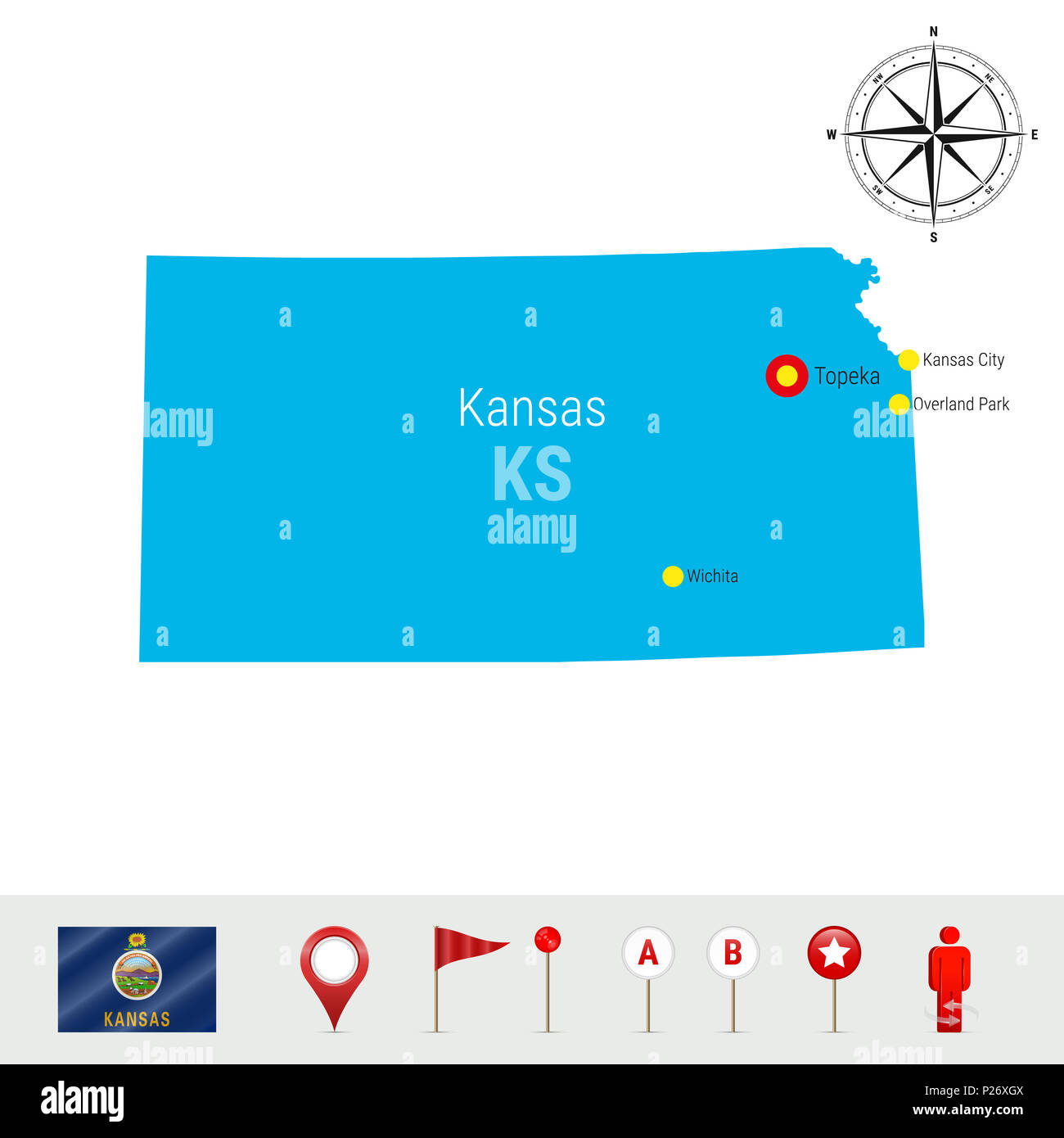Kansas Map Isolated on White Background. High Detailed Silhouette of ...