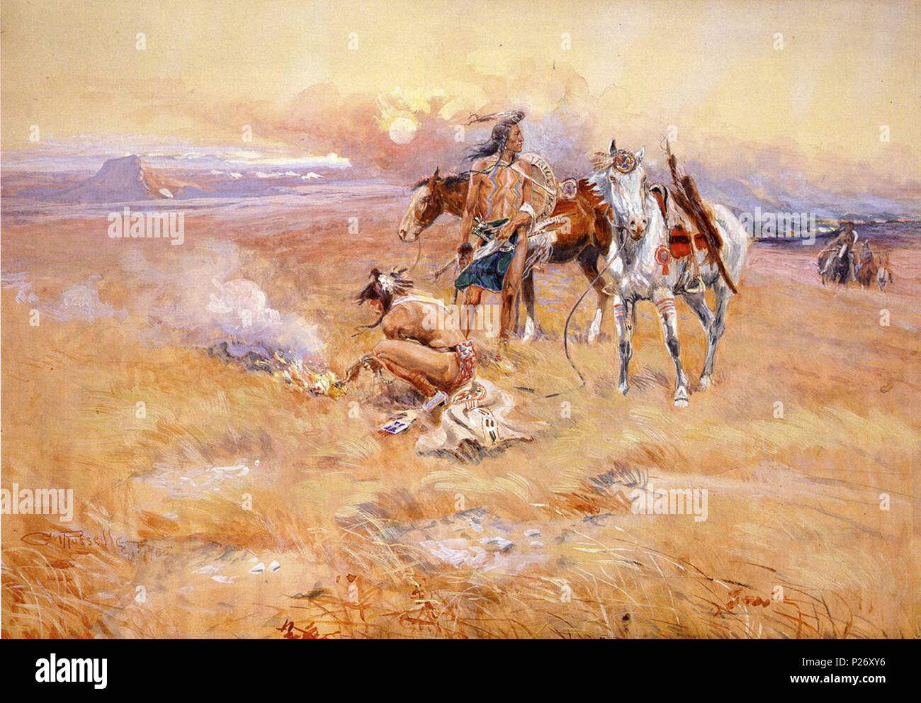 . English: Blackfeet Burning Crow Buffalo Range, painting by Charles ...