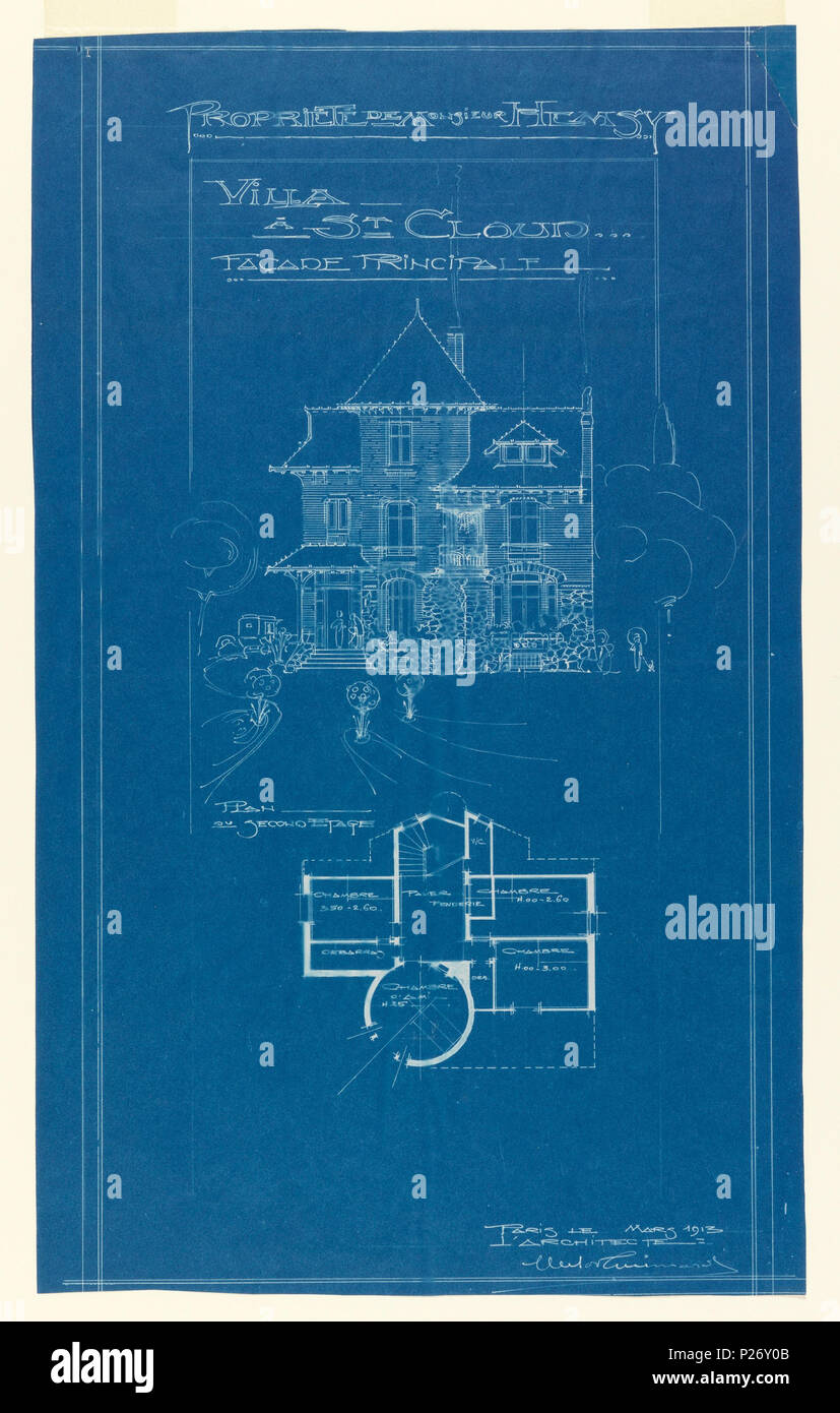 . English: Blueprint, Villa of M. Hemsy, St. Cloud, Facade Principale ...