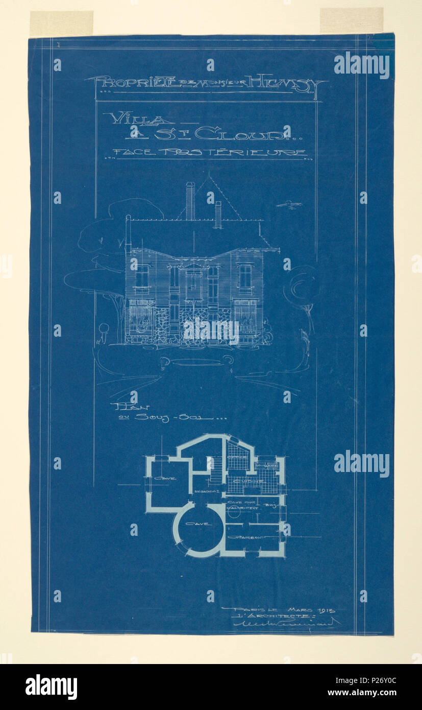 . English: Blueprint, Villa of M. Hemsy, St. Cloud, Face Posterieure ...