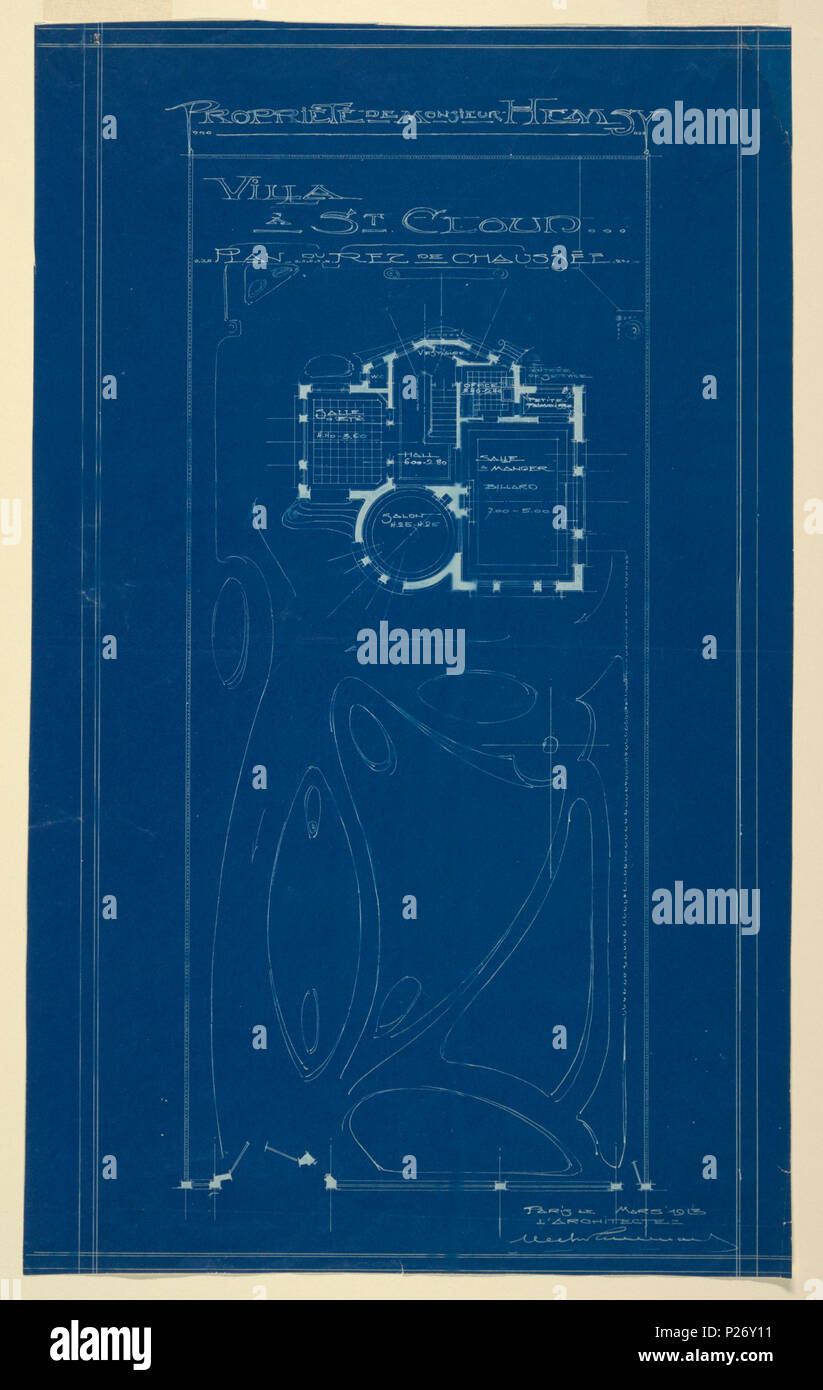 . English: Blueprint, Villa of M. Hemsy, St. Cloud, Plan du Rez de ...