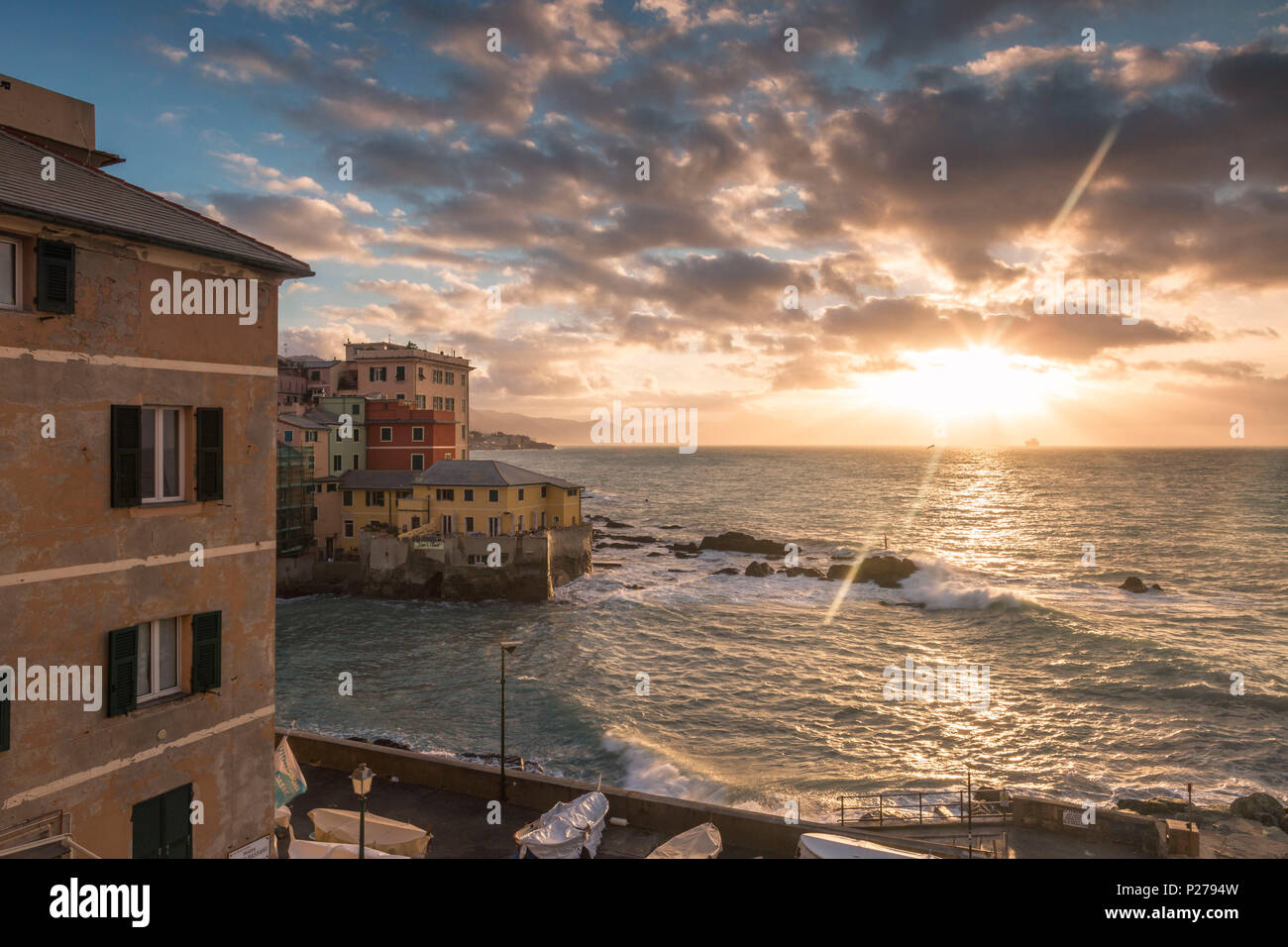 Sunset at Boccadasse, province of genoa, liguria, italy Stock Photo - Alamy