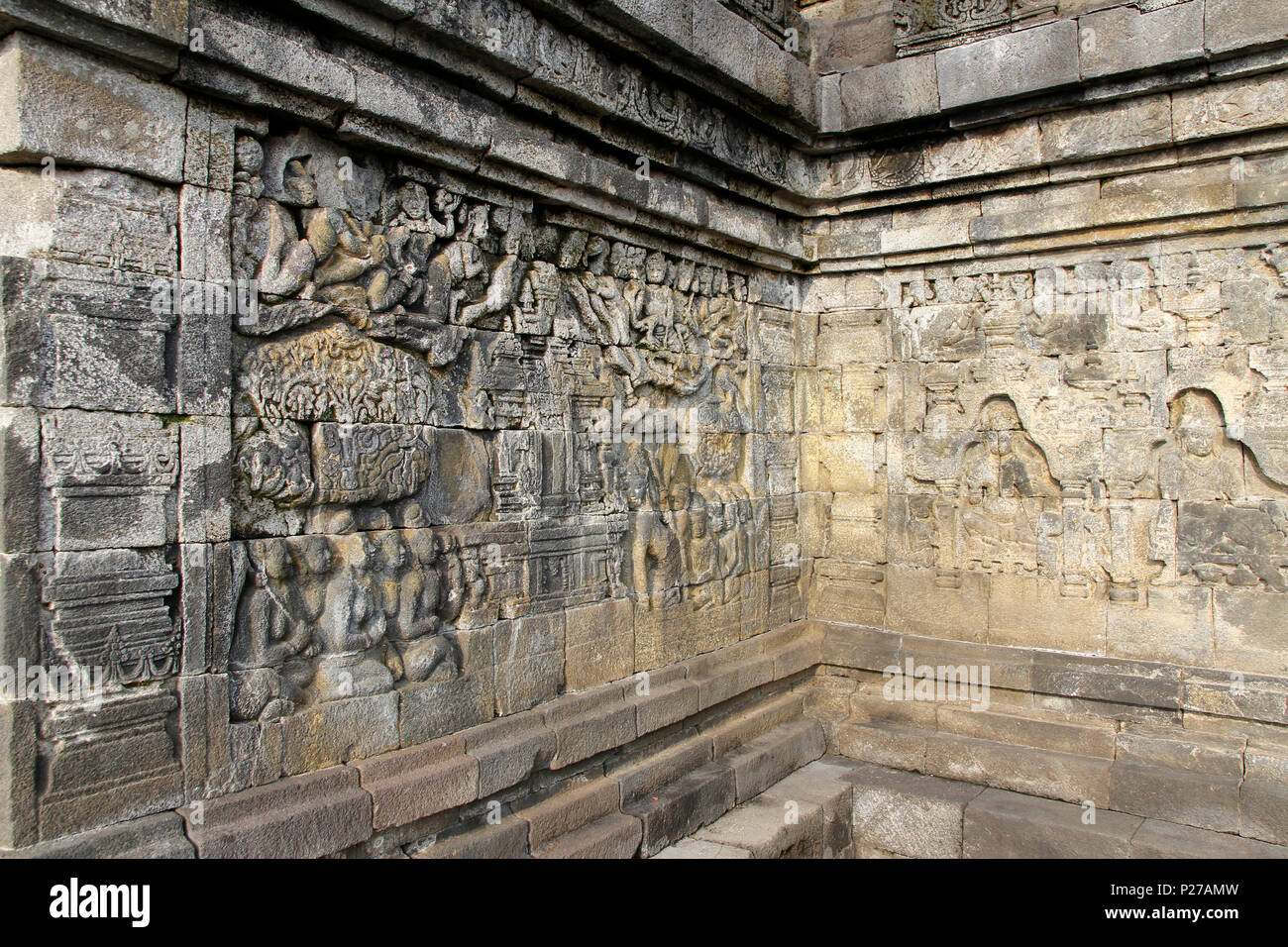 Beautiful bas-relief wall decor carved in stone at Borobudur Temple ...