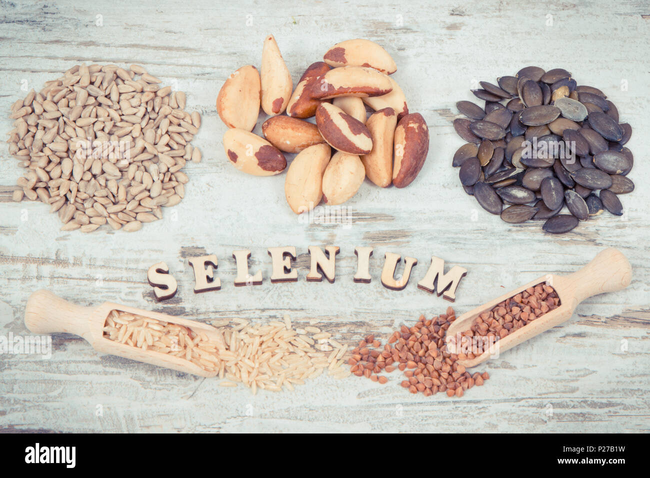 Vintage photo, Food containing selenium, vitamins and dietary fiber ...