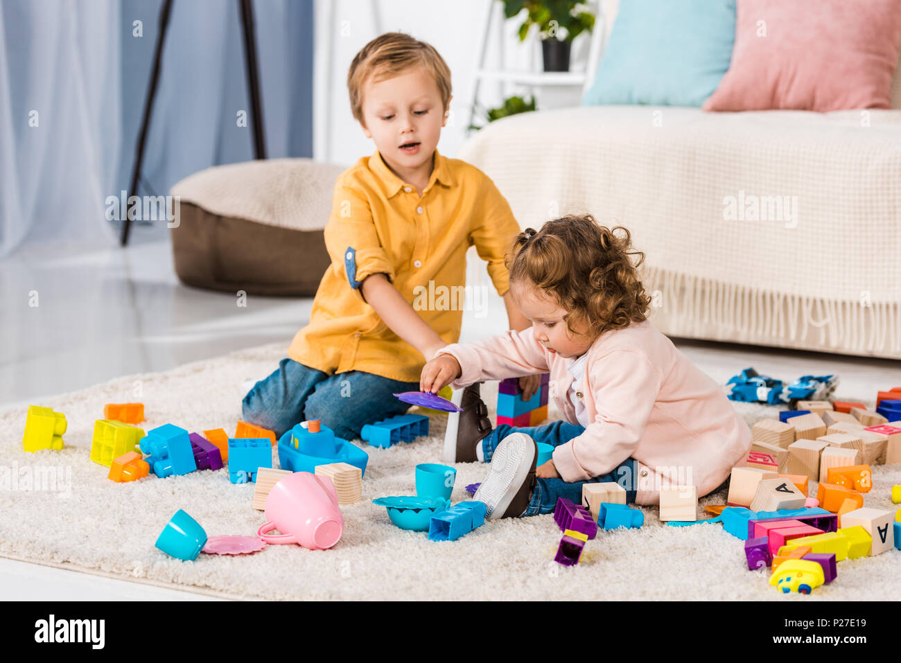 Adorable Kids Playing Together Blocks High Resolution Stock Photography ...