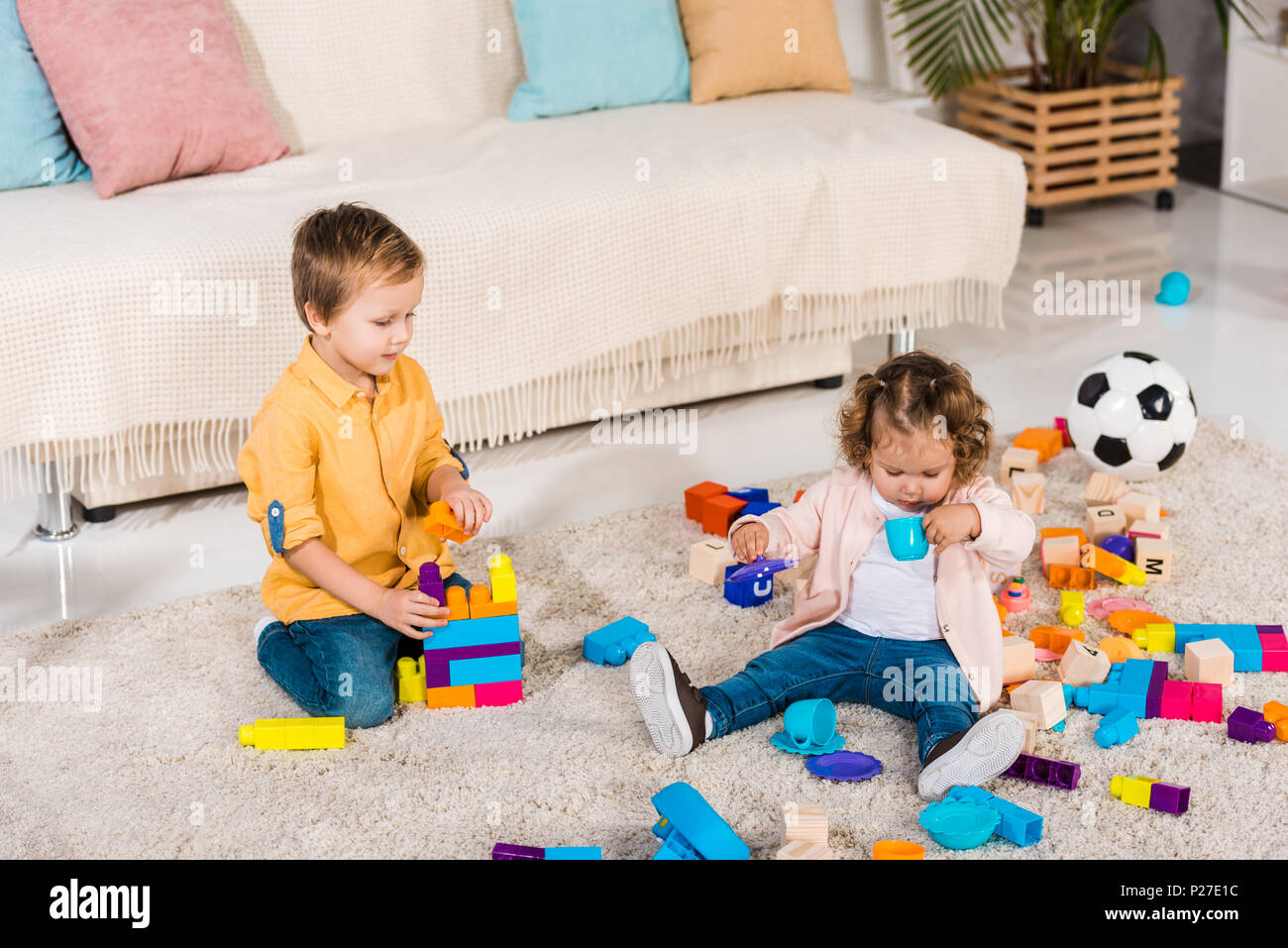 Adorable Kids Playing Together Blocks High Resolution Stock Photography ...