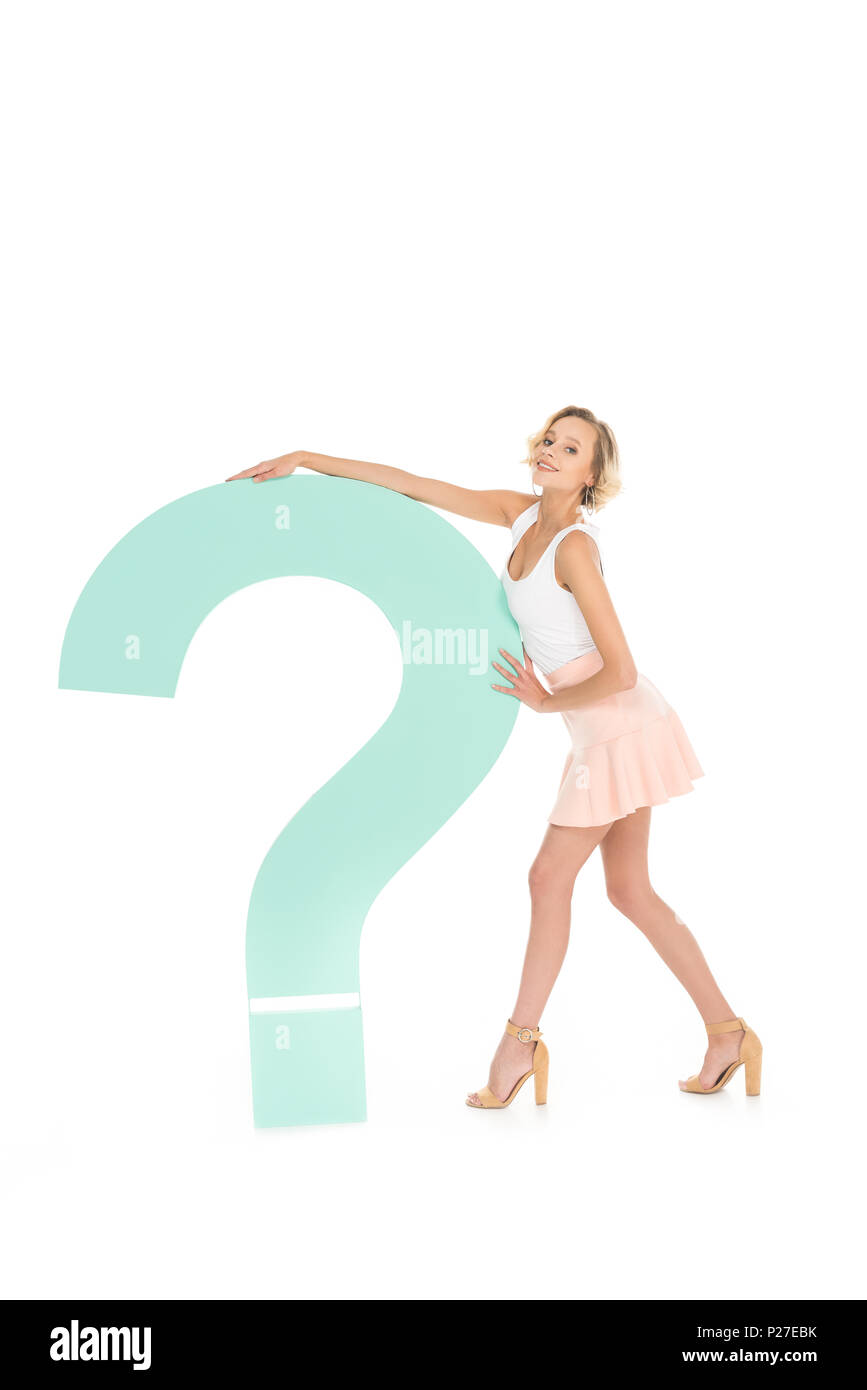 smiling young woman with question mark isolated on white Stock Photo ...