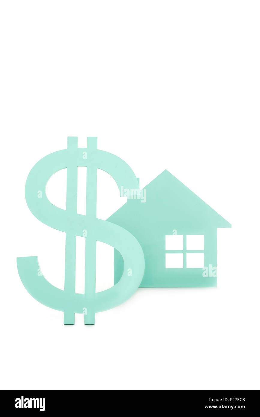 close up view of dollar sign and house model isolated on white Stock ...