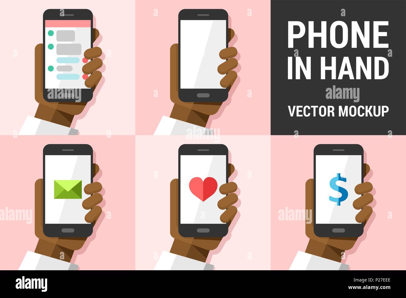 Hand using vector mobile phone on colored illustration background ...
