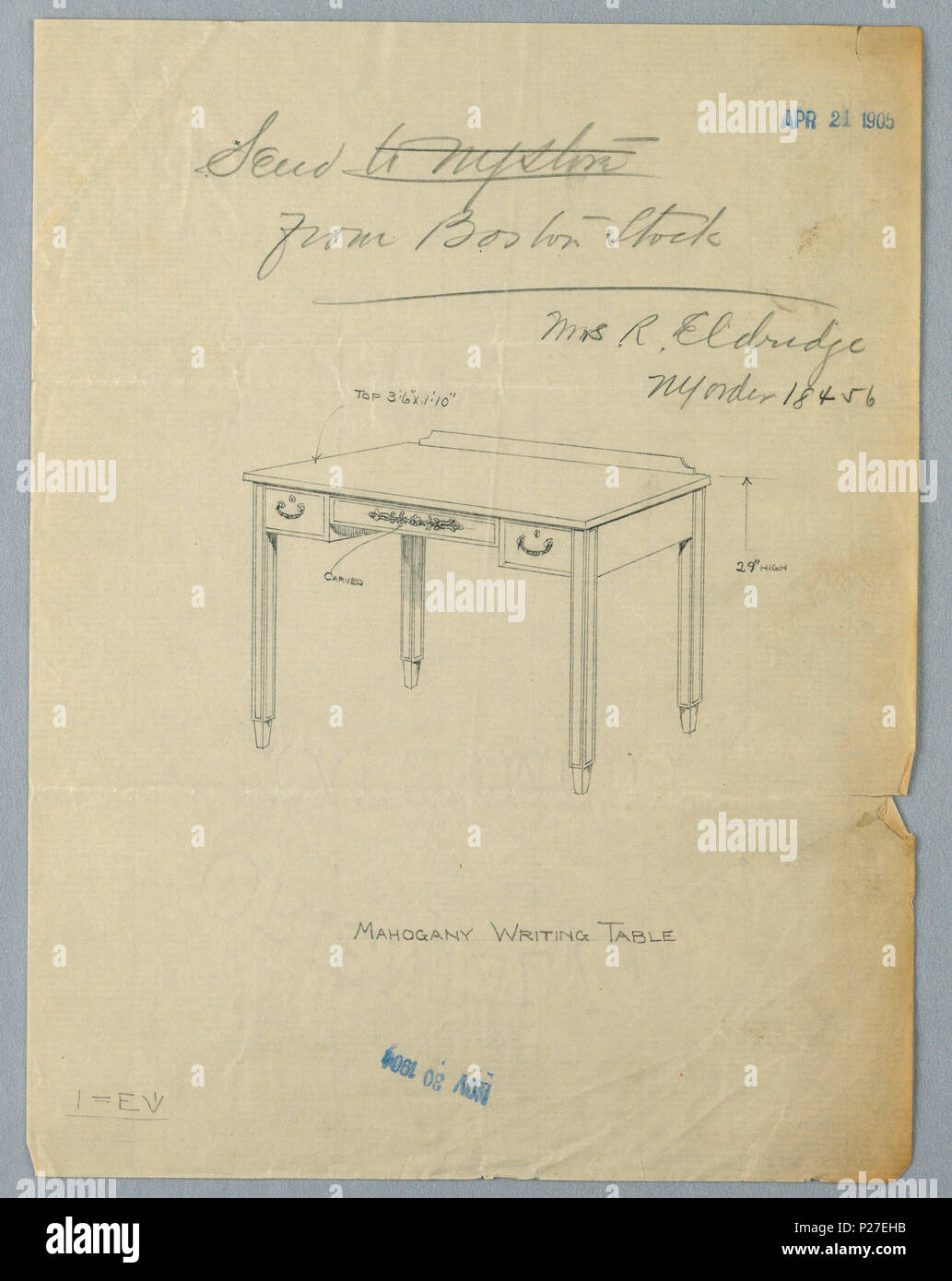 English: Drawing, Design for Mahogany Writing Table with Conical Feet ...
