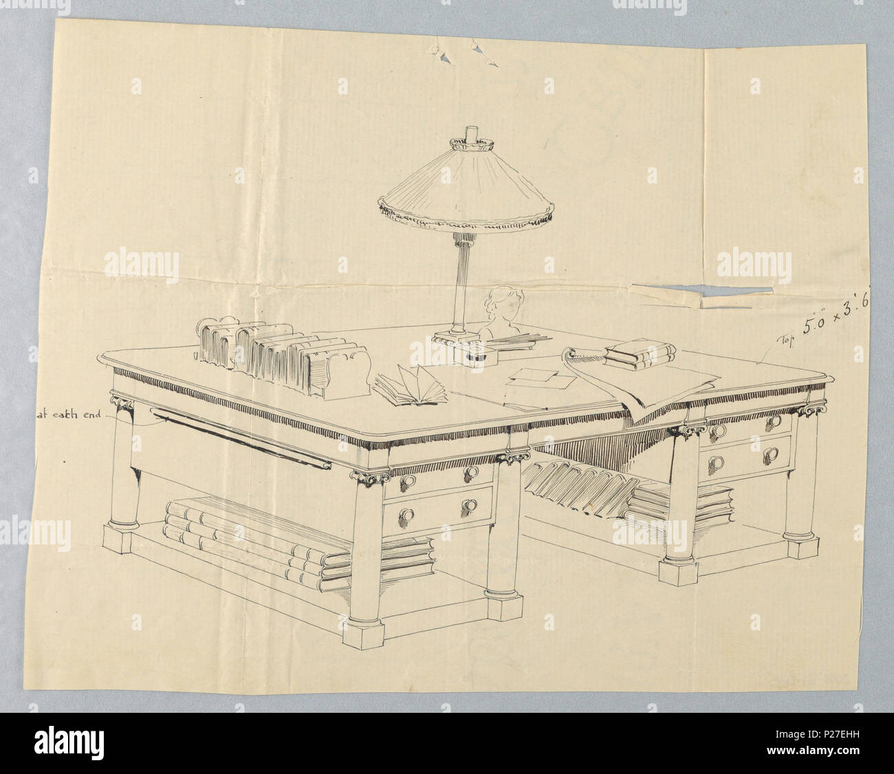 102 Drawing, Design for Massive Library Table with Ionic Supports and ...