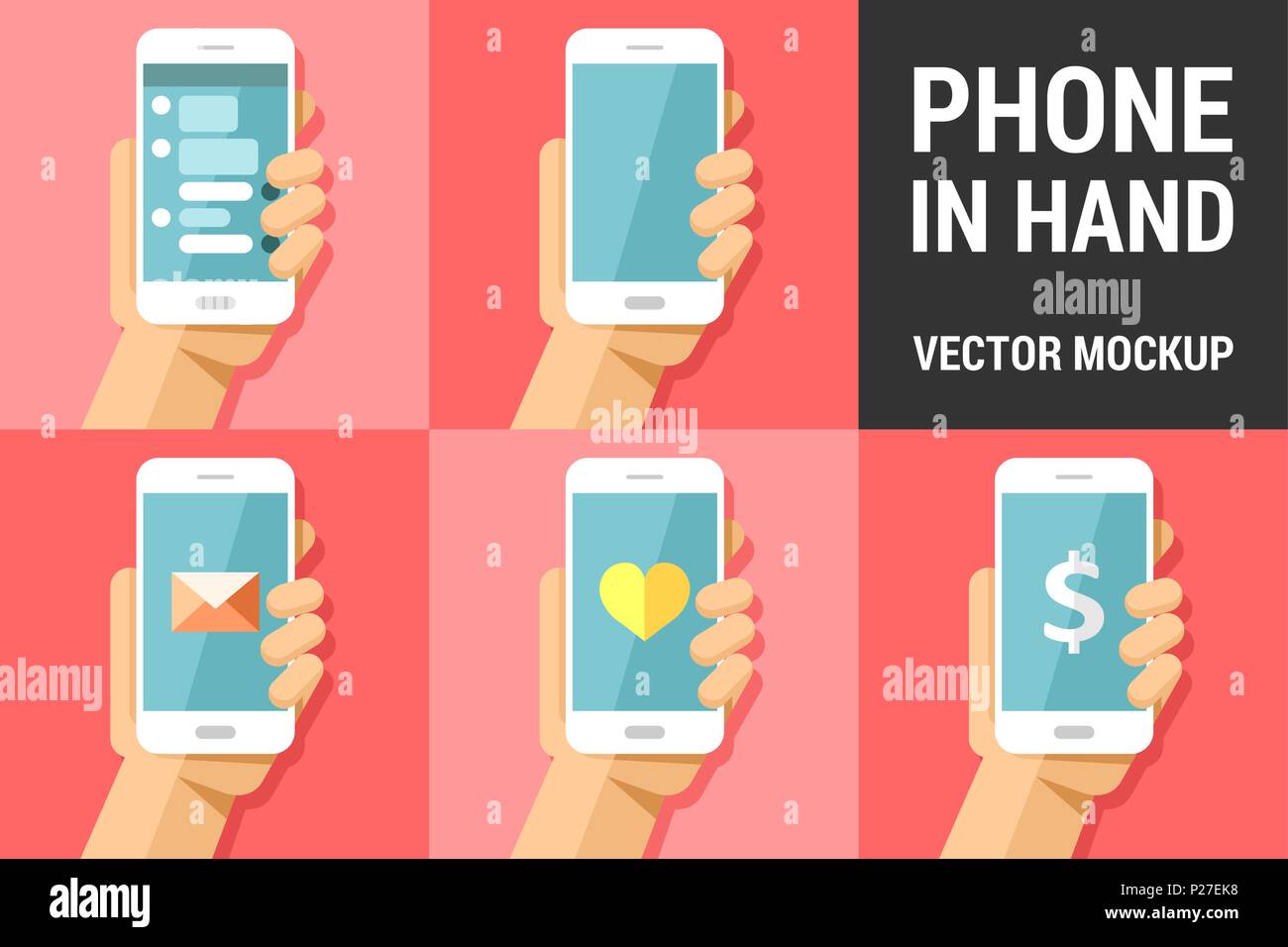 Hand using vector mobile phone on colored illustration background ...