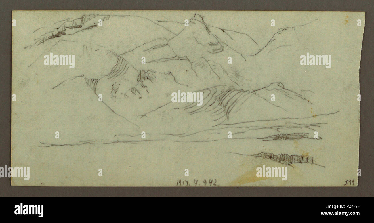 . English: Drawing, Plaina and Mountain Range . English: Verso: Rugged ...
