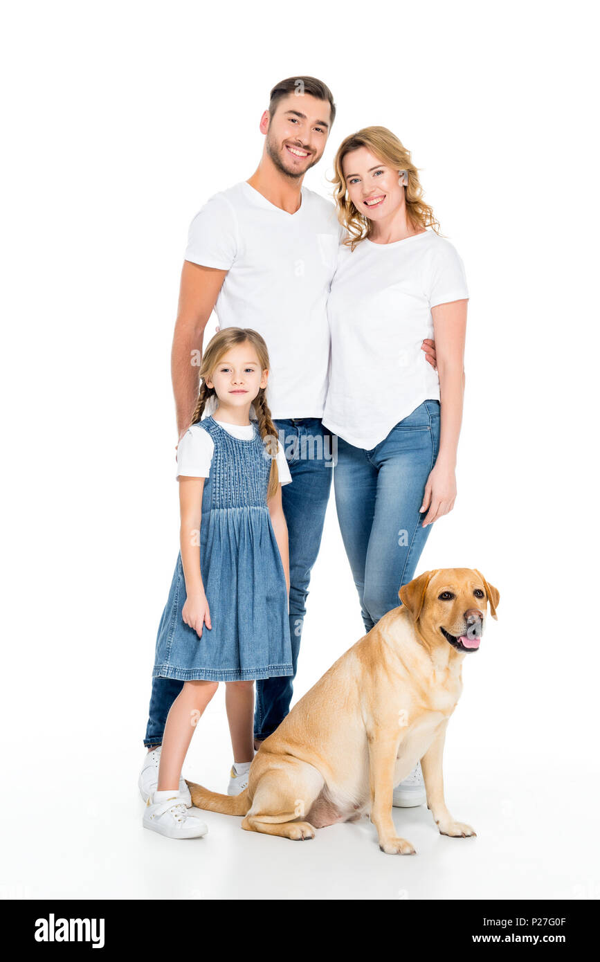 smiling parents and daughter with golden retriever dog, isolated on white Stock Photo - Alamy
