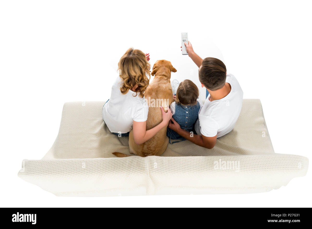 overhead view of family with dog watching tv on sofa, isolated on white ...