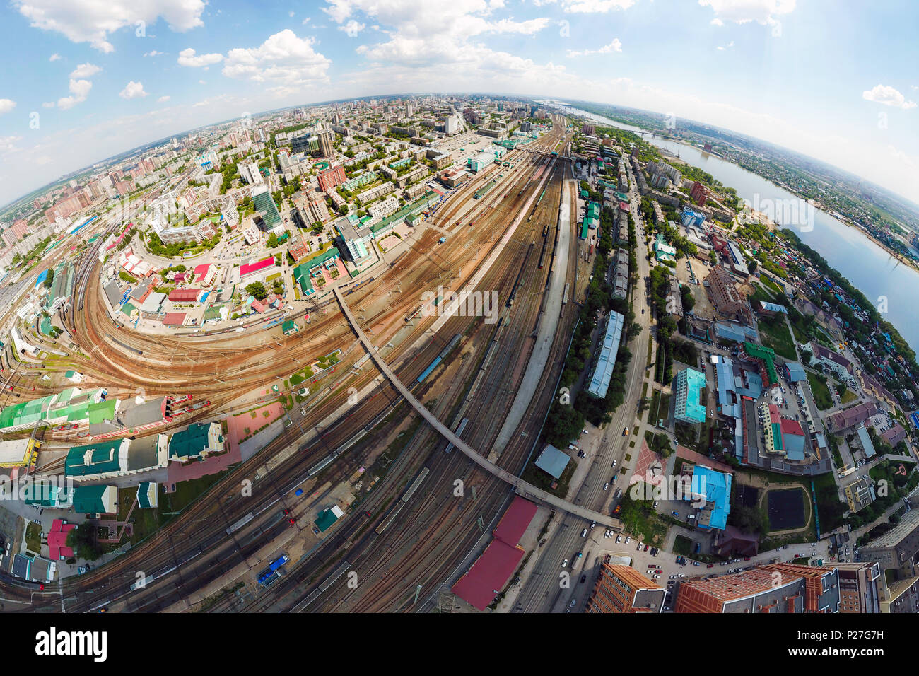 Aerial photography of a modern railroad tracks, trains with wagons on ...