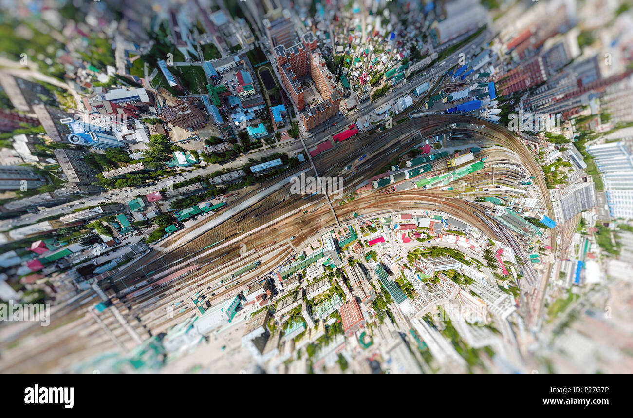 Aerial photography of a modern railroad tracks, trains with wagons on ...