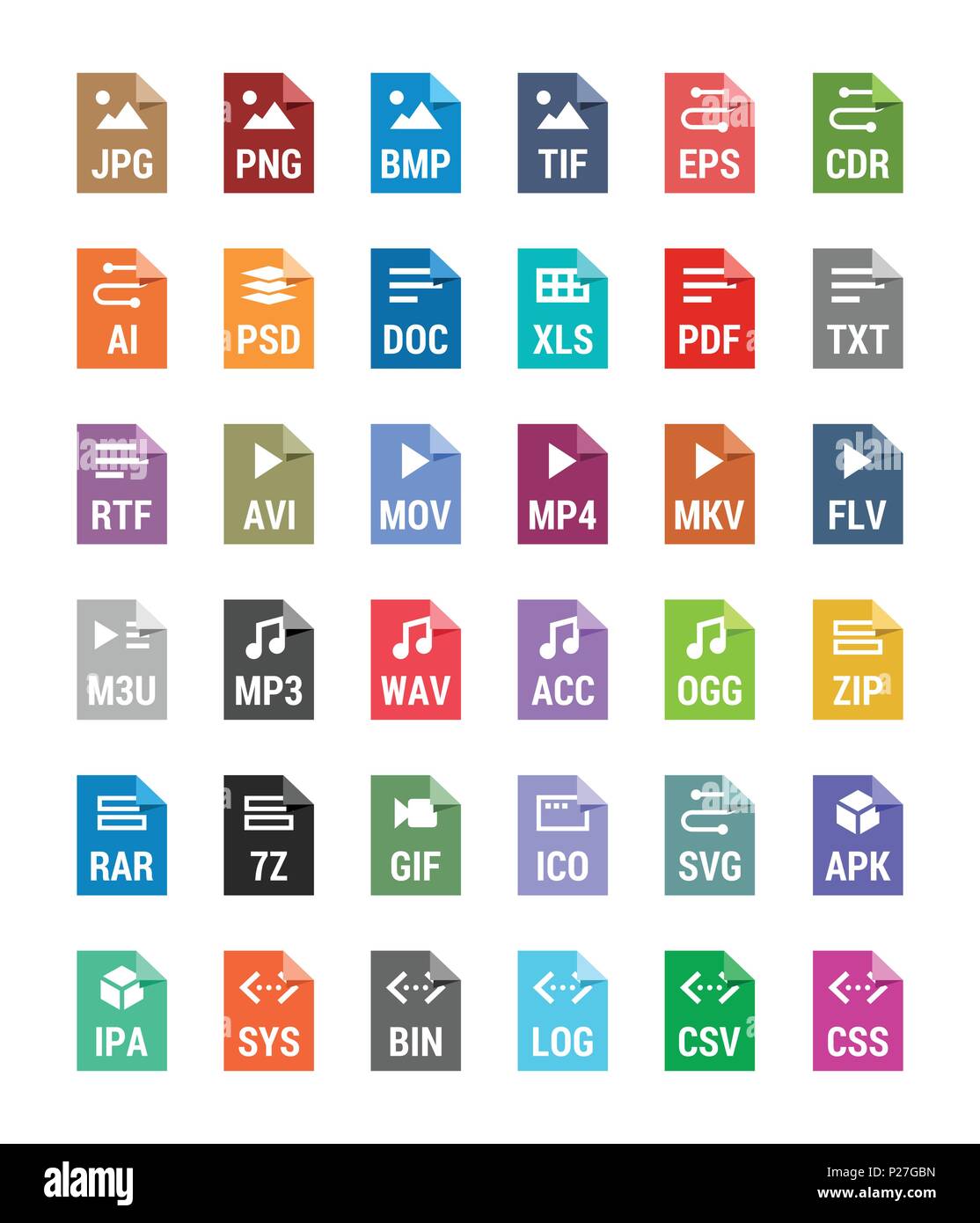 Flat File Types Icons Archive Vector Audio Image System Document 