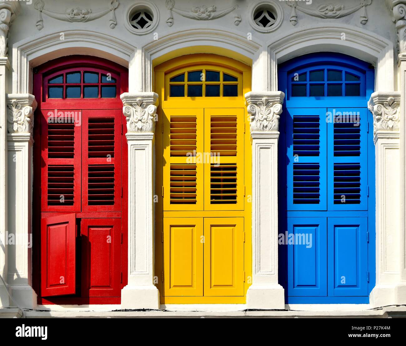 Front view of traditional vintage Singapore shop house or shophouse ...