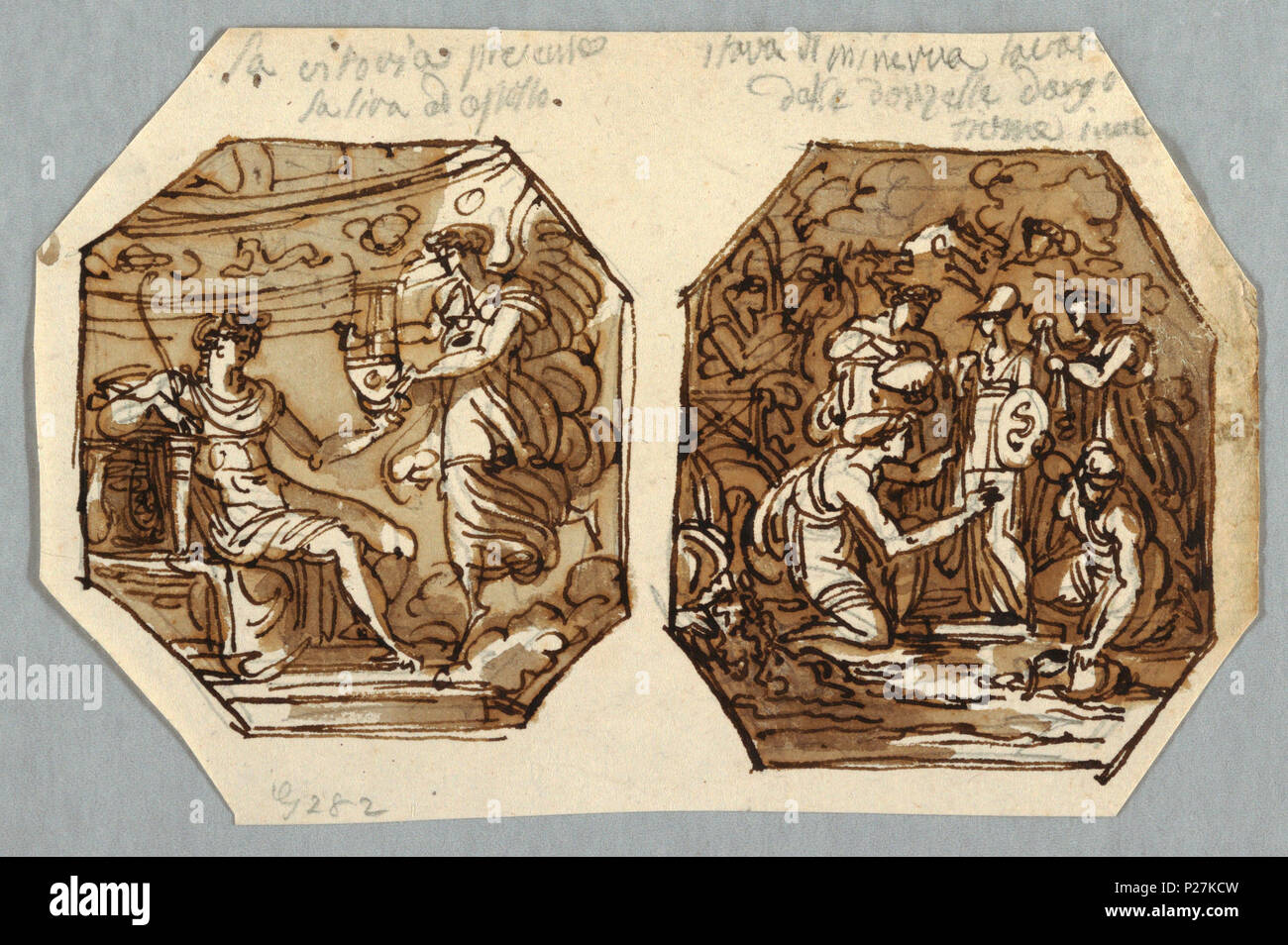 . English: Drawing, Winged Victory Gives Apollo Lyre; Statue of Minerva ...