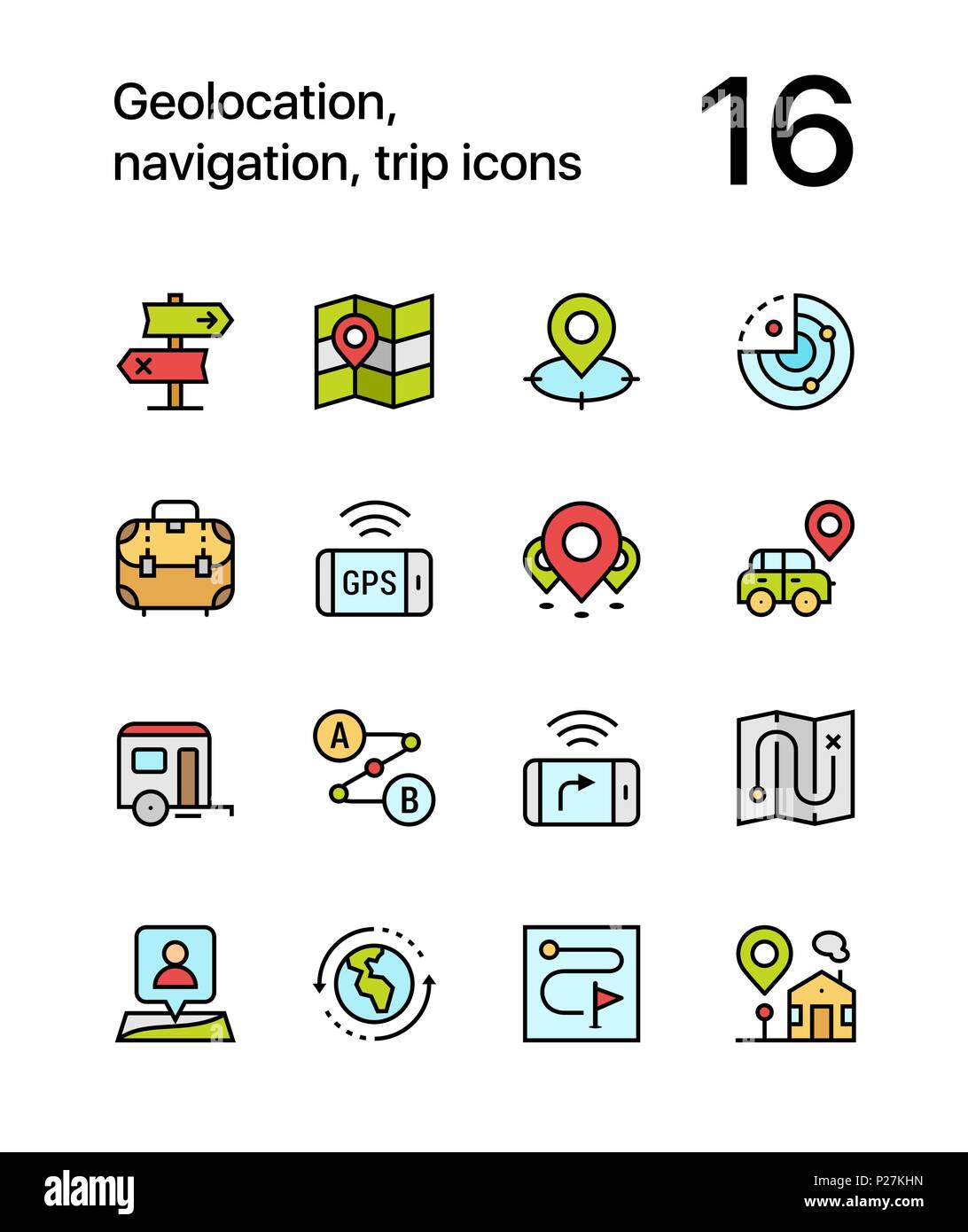 Colored Geolocation, navigation, trip icons for web and mobile design ...