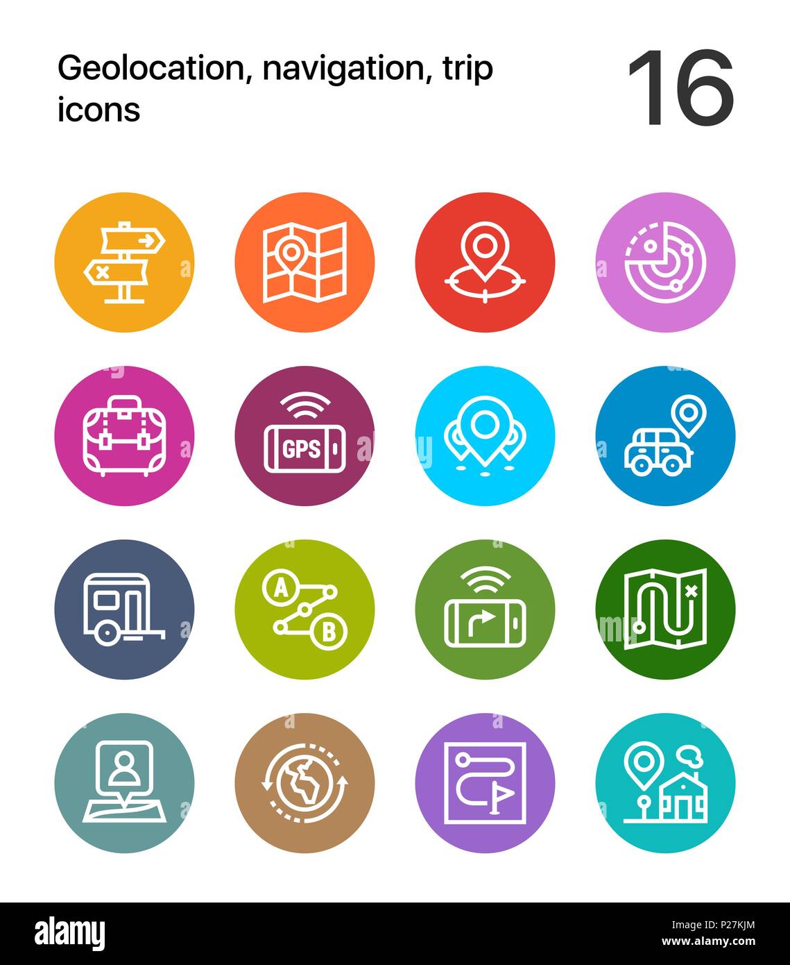 Colorful Geolocation, navigation, trip icons for web and mobile design ...