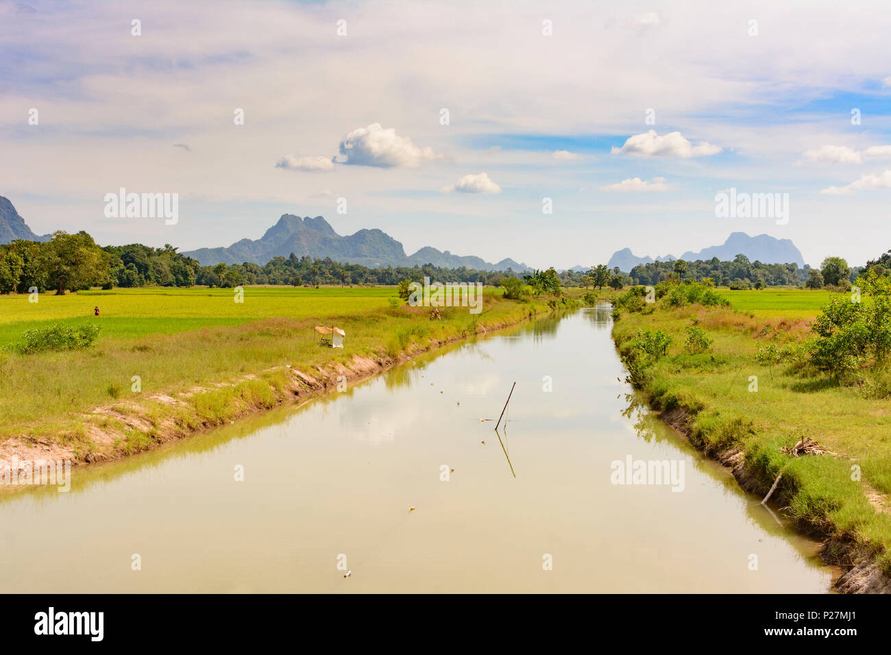 Hpa-An, paddy field, canal, limestone rocks, Kayin (Karen) State ...