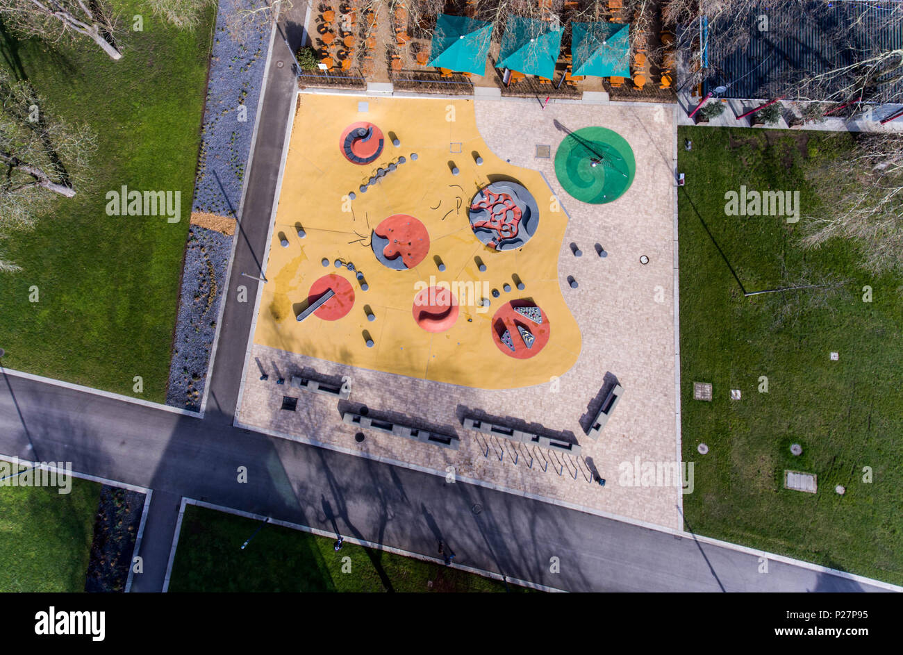 aerial view of a fun water playground in park summer Stock Photo - Alamy